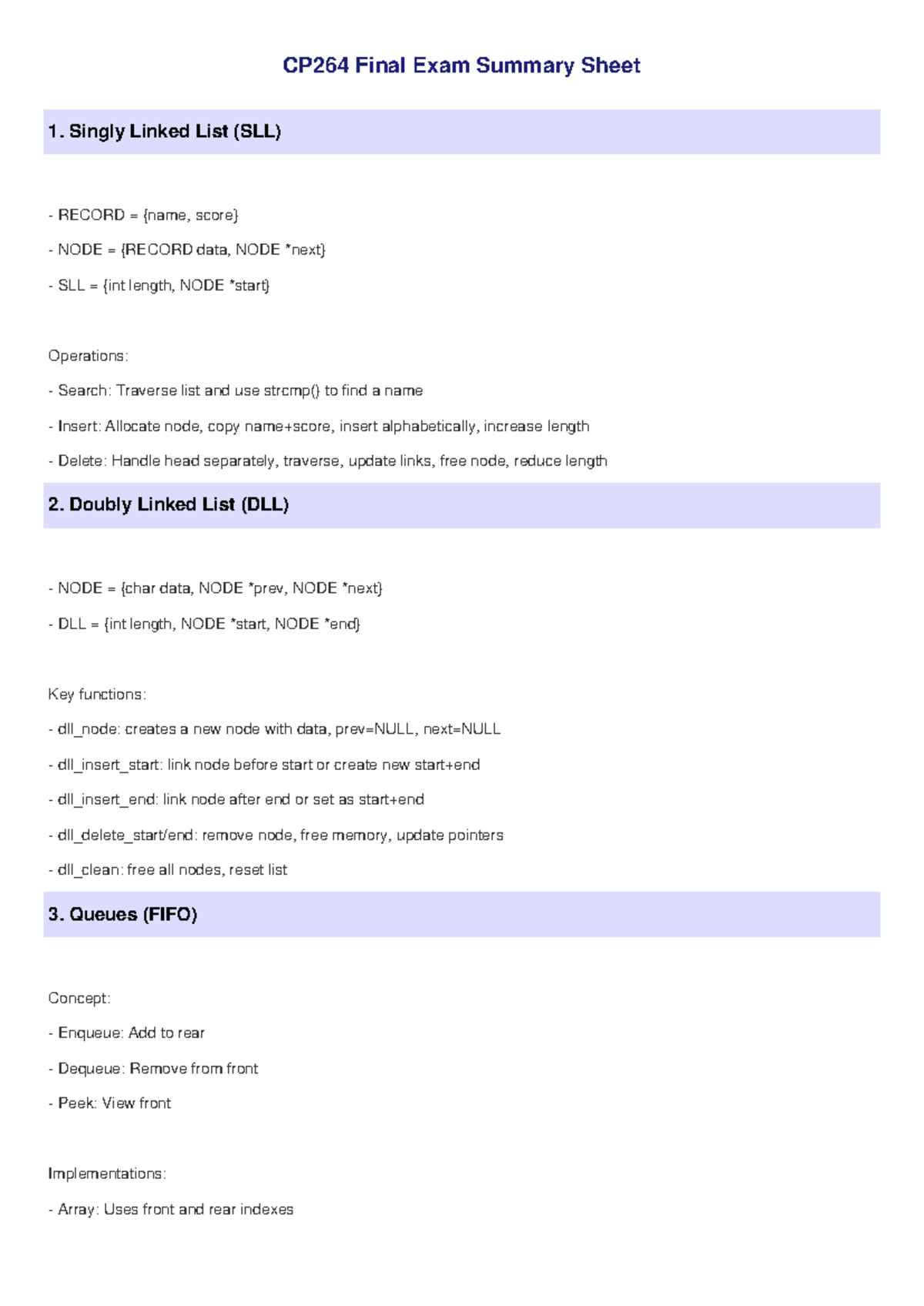 CP264 Final Exam Summary on Data Structures and Algorithms - Studocu