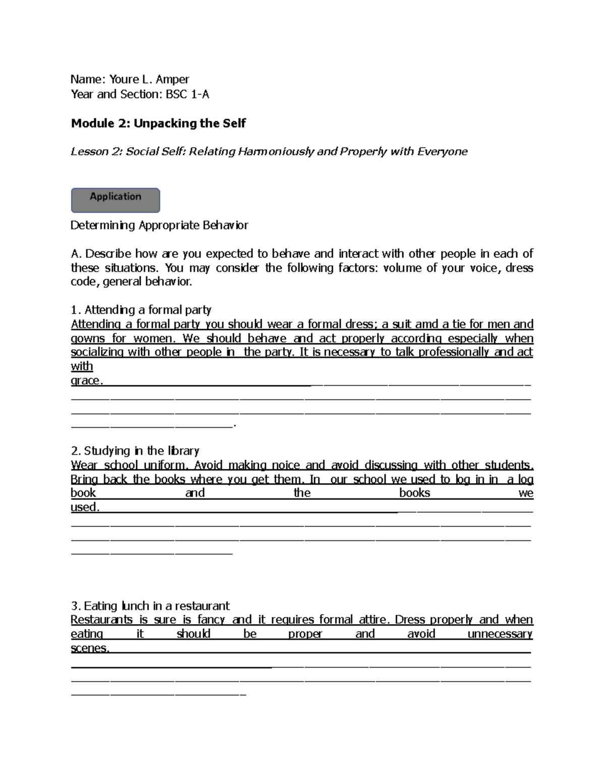 GE1 Module 2 Lesson 2 Application - Name: Youre L. Amper Year and ...