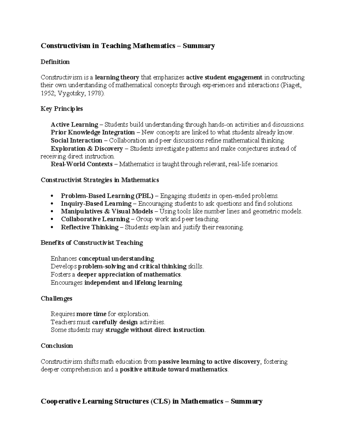 Constructivism and Cooperative Learning in Mathematics – Summary Notes ...