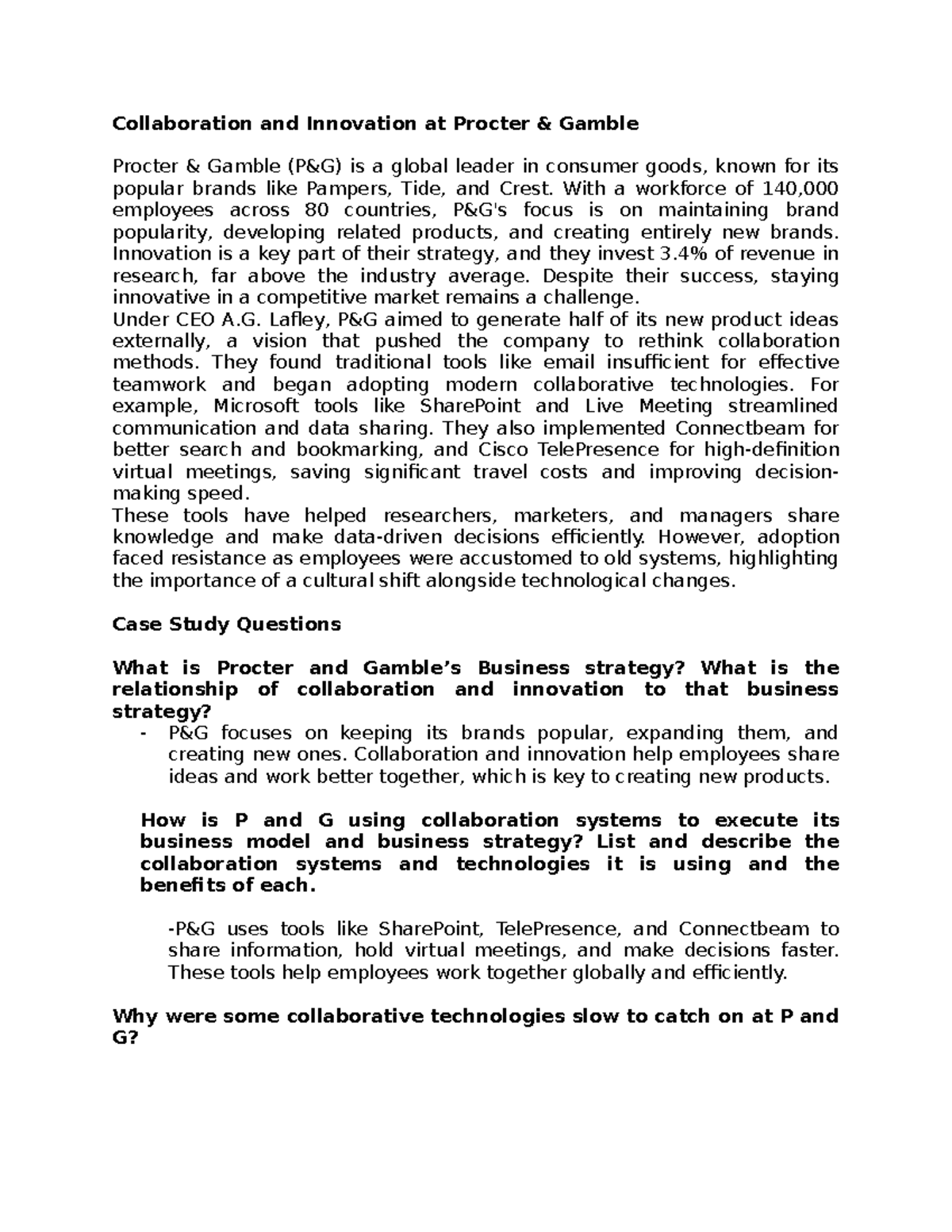 Case Study: Collaboration & Innovation Strategies at P&G - Studocu