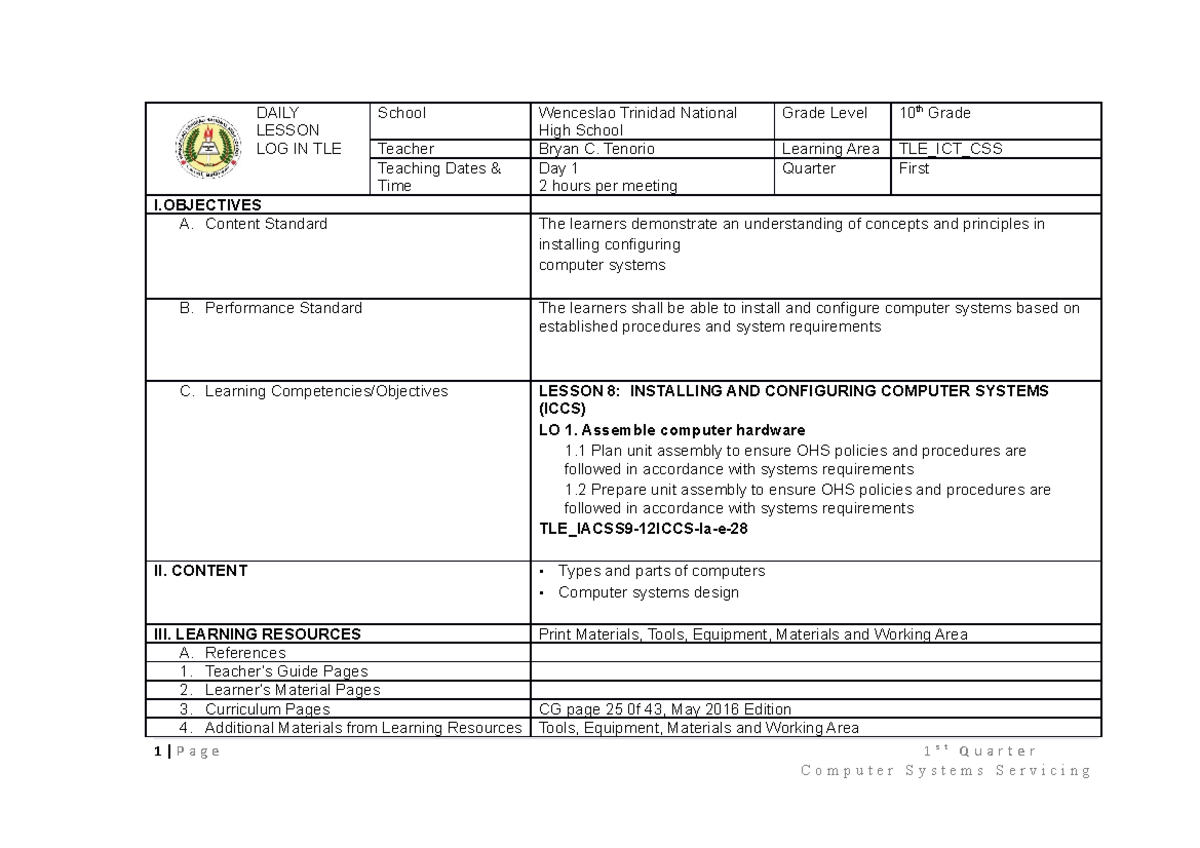 TLE_ICT_CSS 10 Lesson 8: Installing and Configuring Computer Systems ...