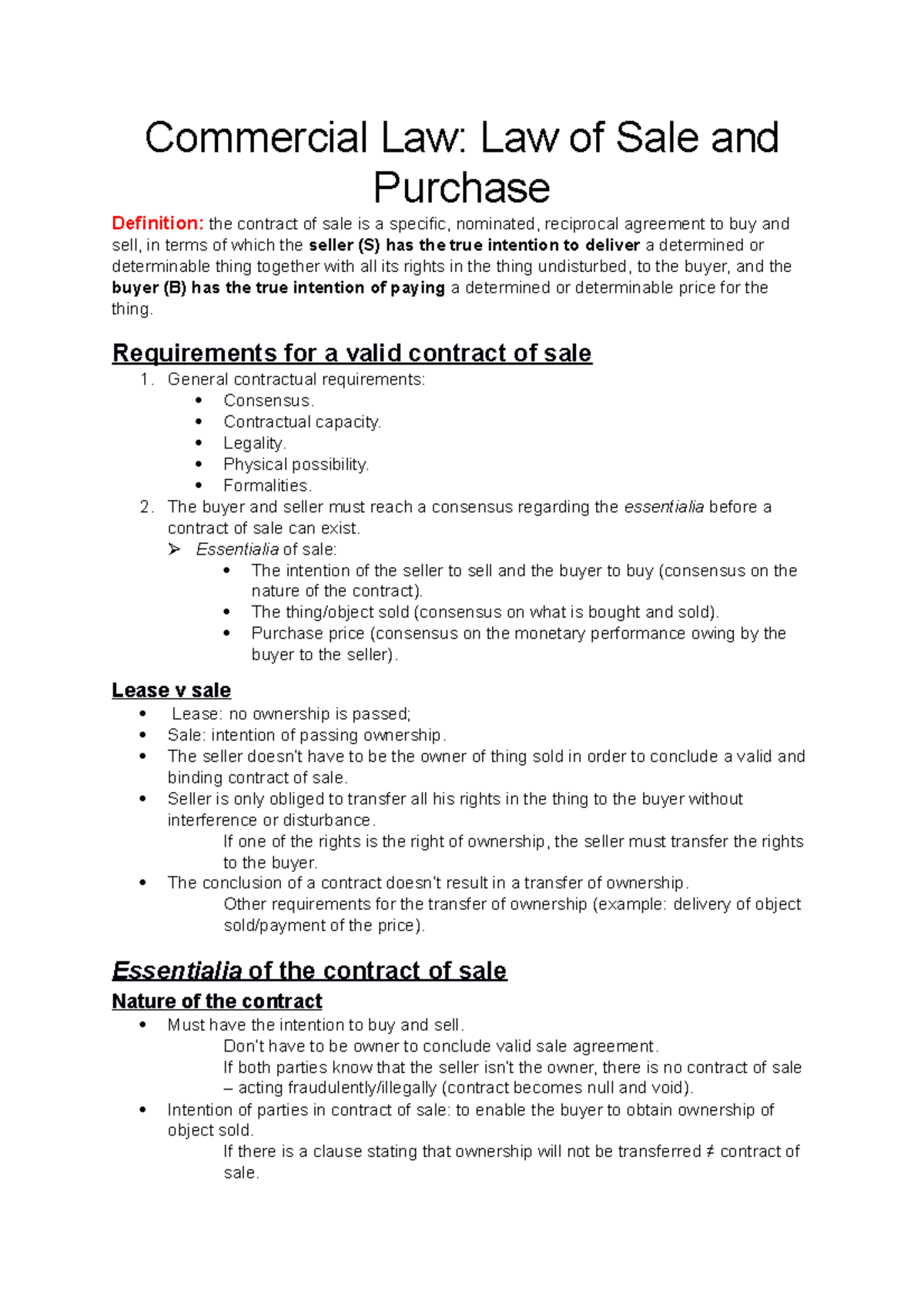 Law of Sale and Purchase: Key Notes for Commercial Law (CL 101) - Studocu
