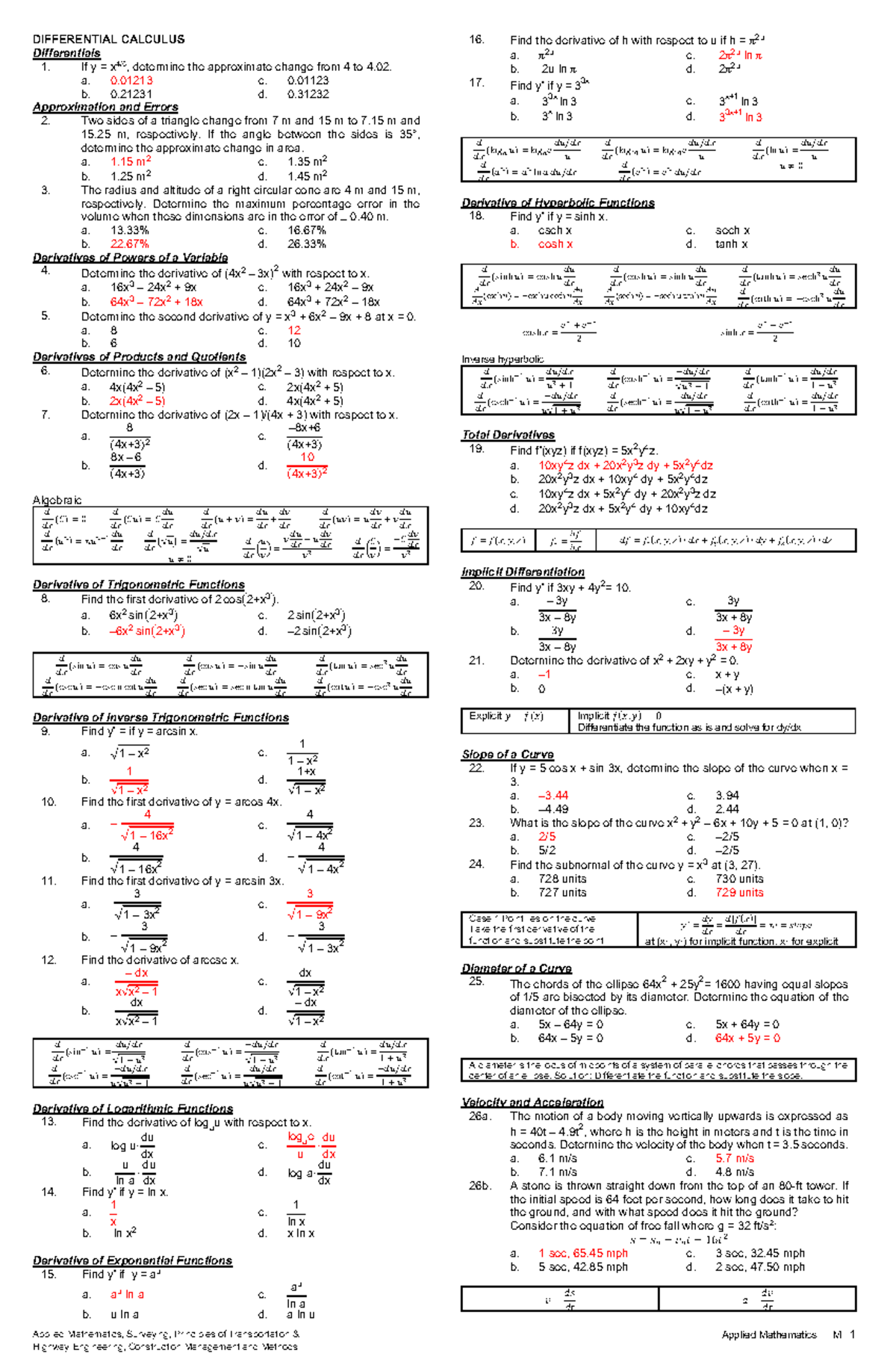 DIFF-CALC-ONLY: Comprehensive Review for Differential Calculus - Studocu