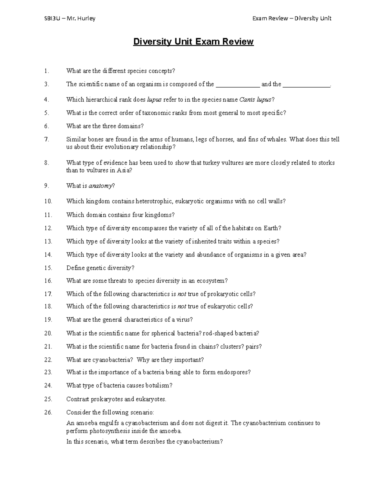 SBI3U Diversity Unit Exam Review - Key Concepts & Questions - Studocu