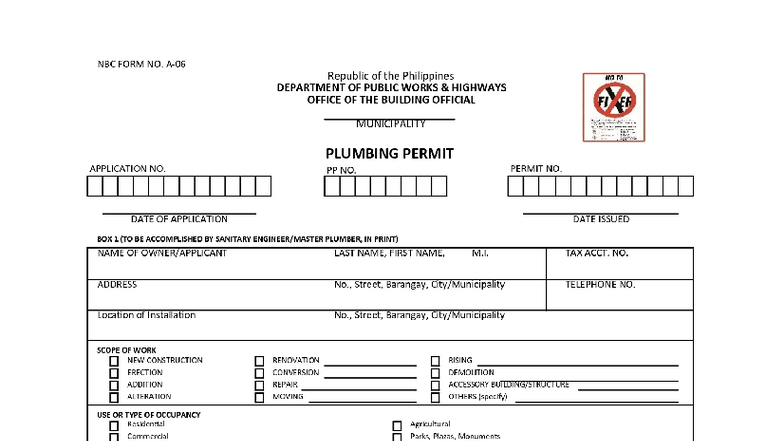 Plumbing Permit Application Form - Republic of the Philippines - Studocu