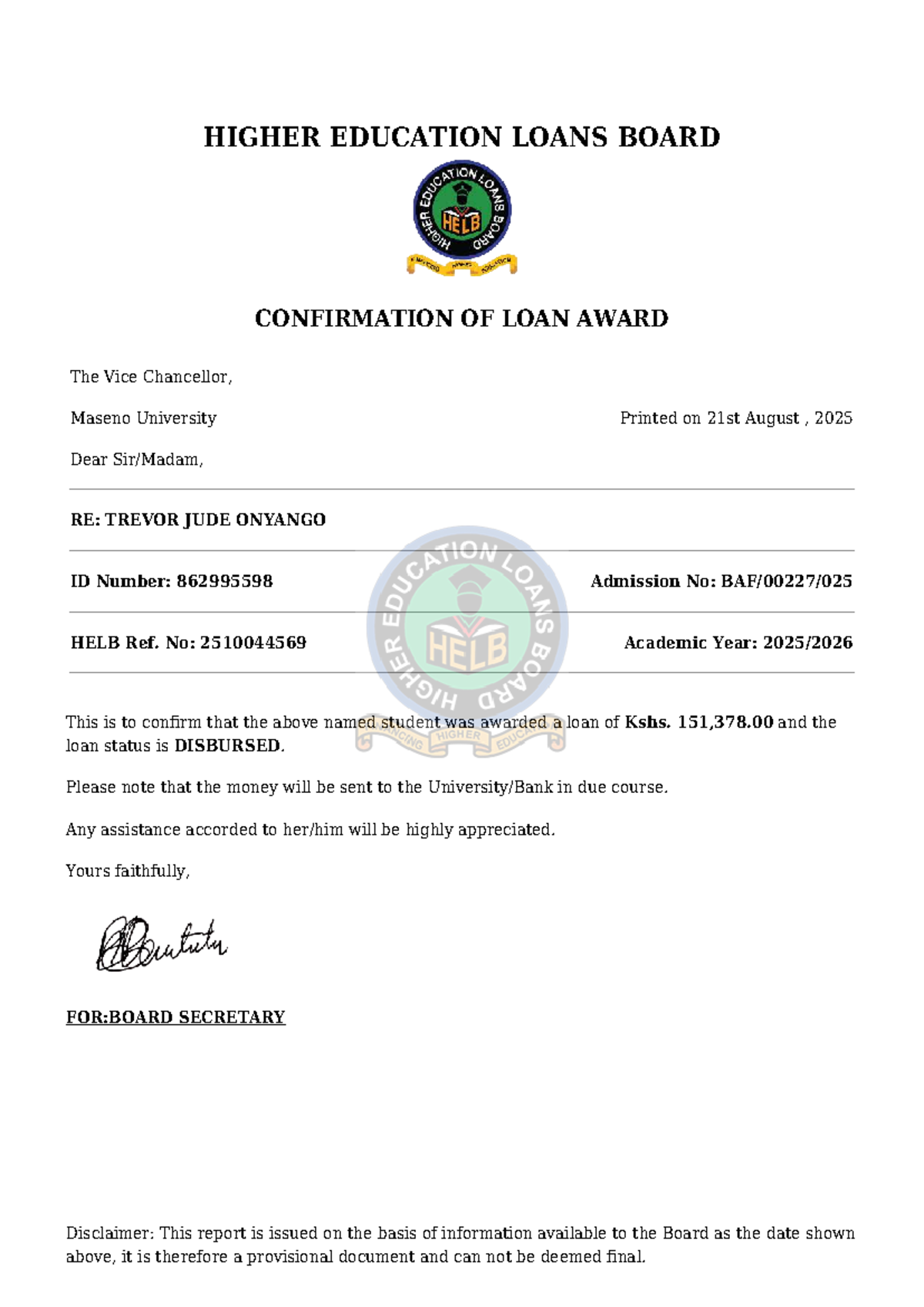 HELB Loan Award Confirmation - Trevor Jude Onyango - Studocu