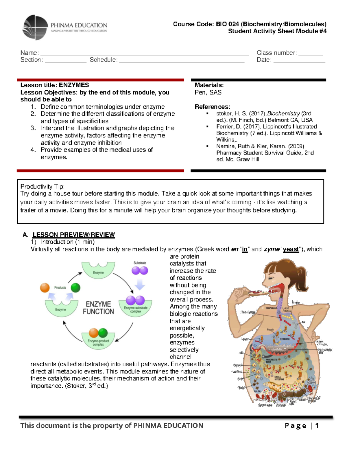 SAS for Biochemistry (BIO 024) Lesson Module #4: Enzymes Overview - Studocu