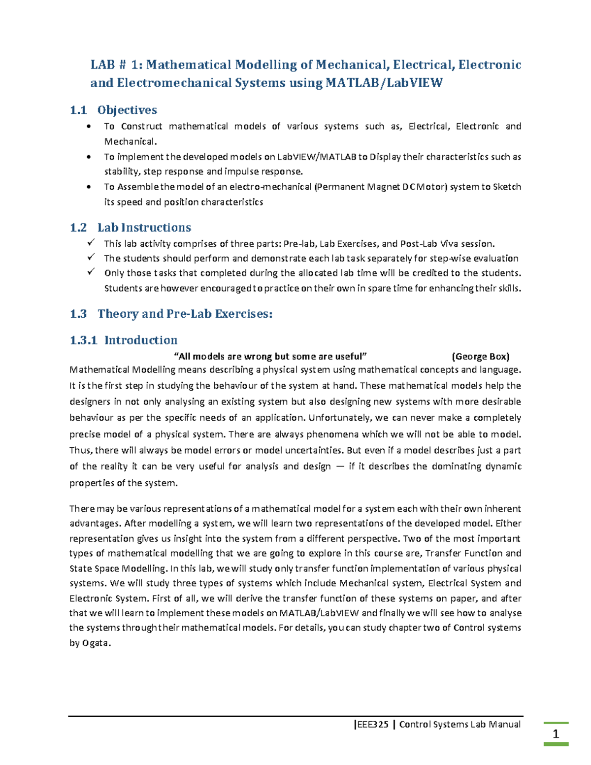 Control Systems Lab Manual 1: Mathematical Modelling Techniques - Studocu