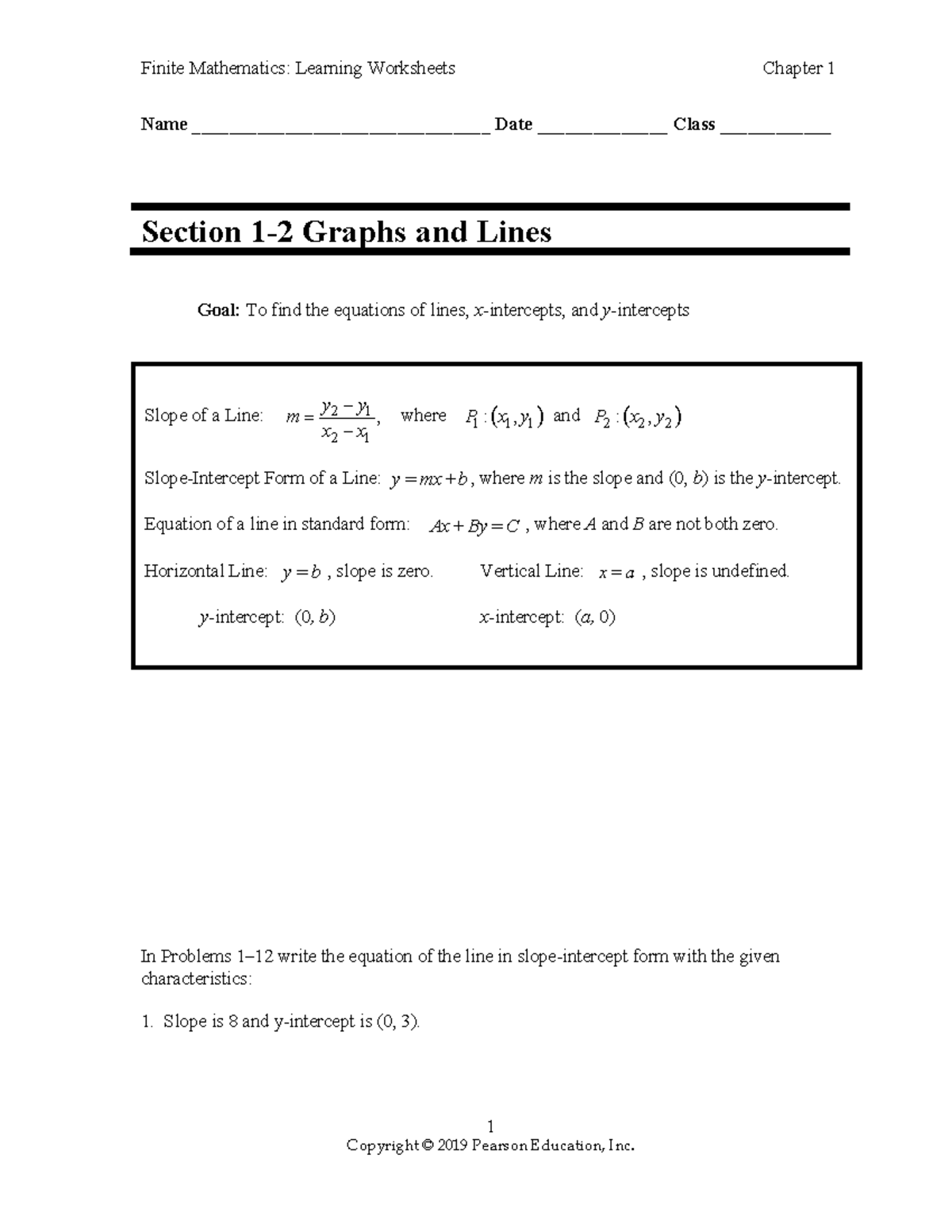 Finite Mathematics: Chapter 1 Worksheets on Graphs and Lines - Studocu