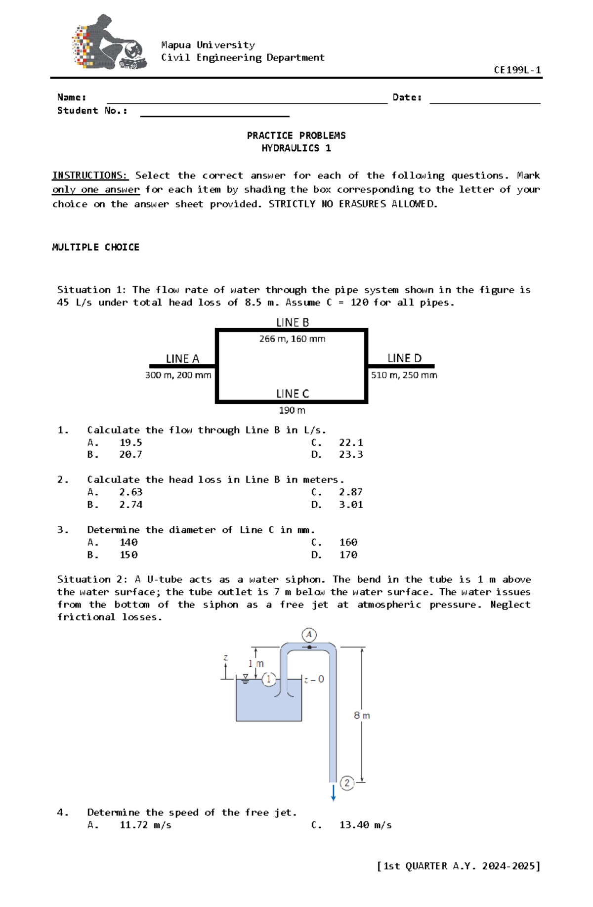 Hydraulics Practice Problems for CE 111111 - Quarter A.Y. - Studocu