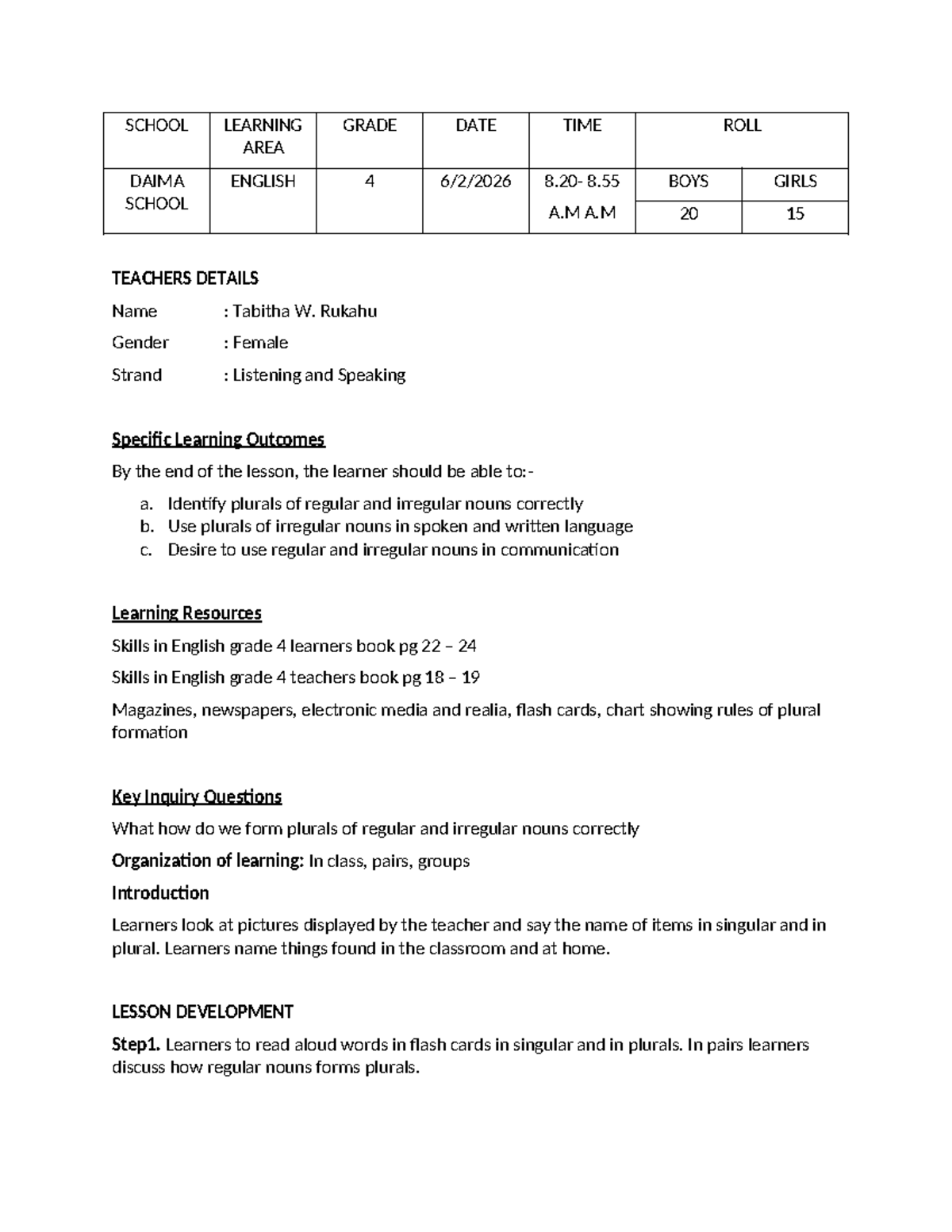 Lesson Plan - English 4: Plurals of Regular & Irregular Nouns - Studocu