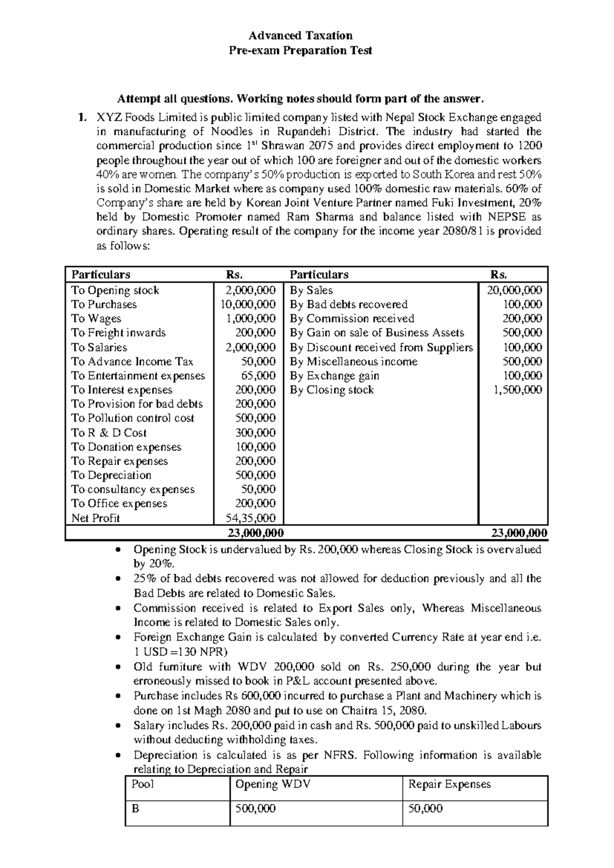 Advanced Taxation Paper 6: Comprehensive Test on Tax Liabilities and ...