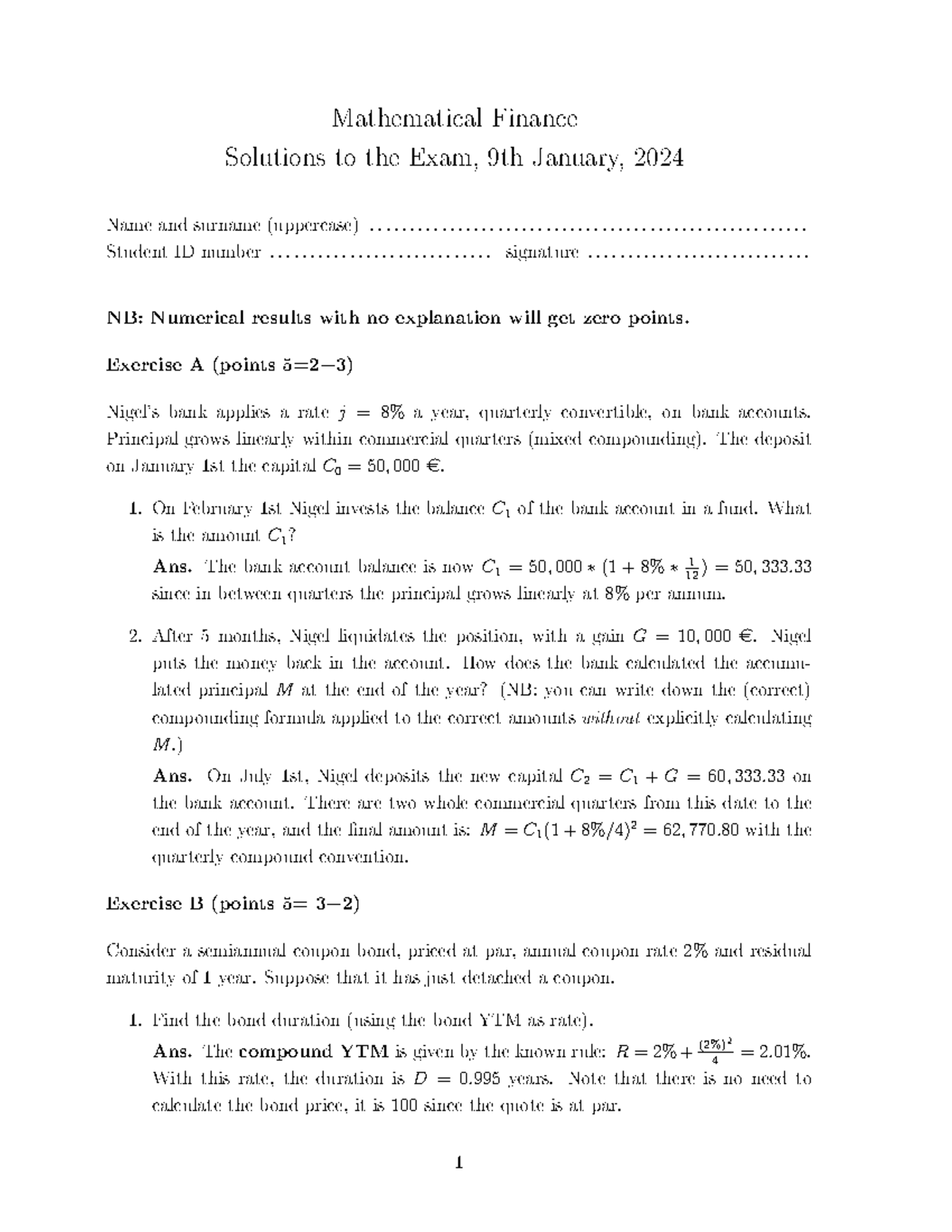 Mathematical Finance Exam Solutions (MF) - January 2024 - Studocu