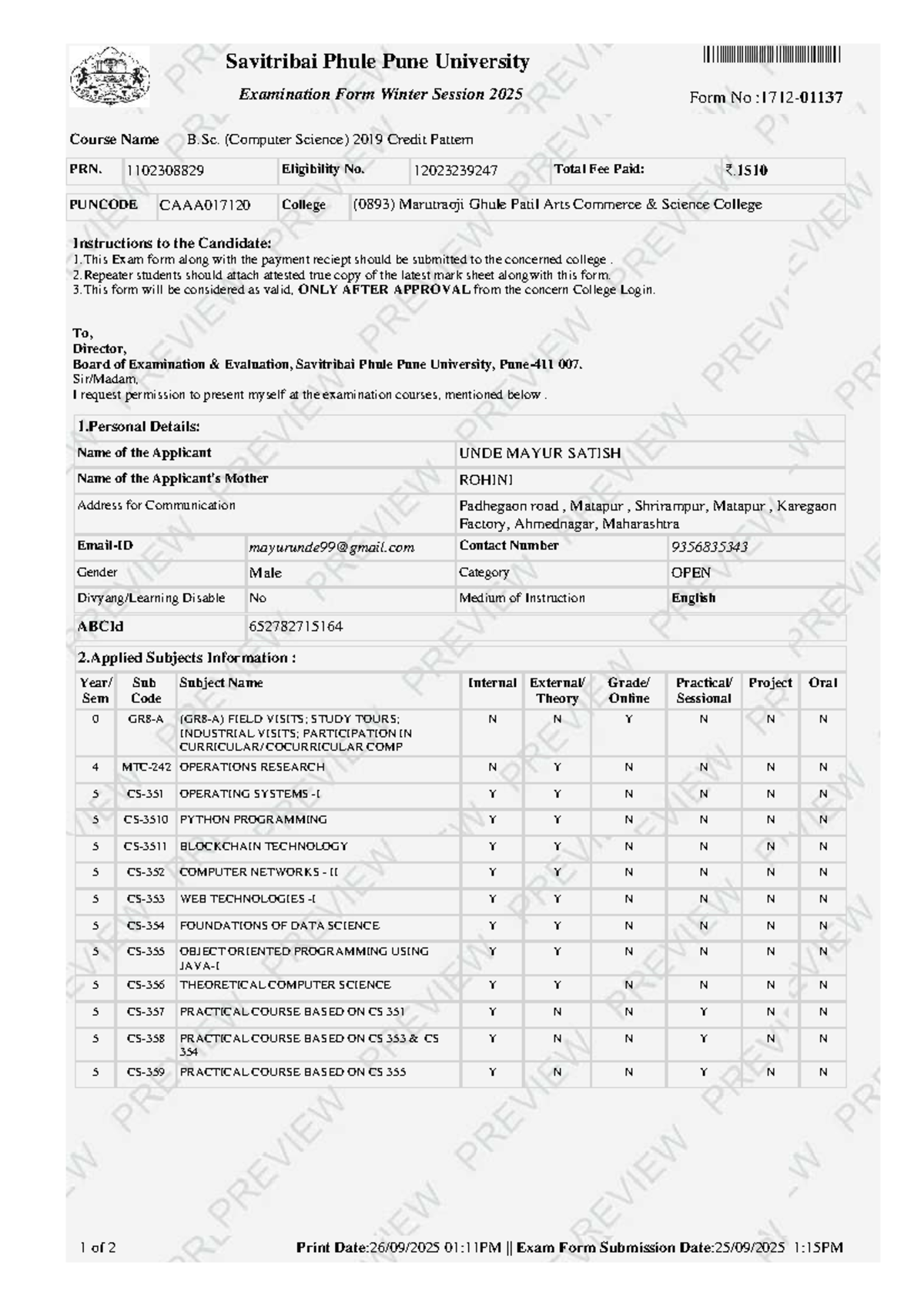 SPPU Exam Form Winter 2025 - B.Sc. Computer Science (PRN) - Studocu