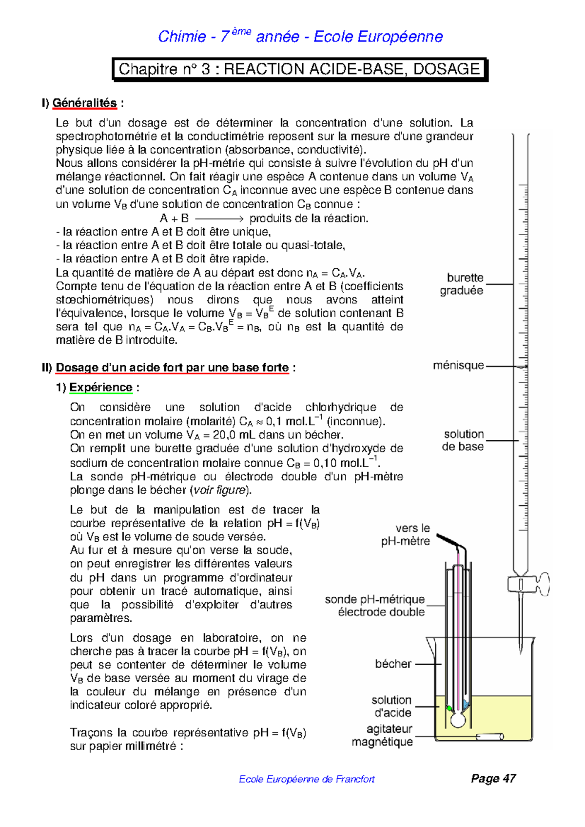 Chapitre 3 : Réaction Acide-Base et Dosage - Chimie 7ème année - Studocu