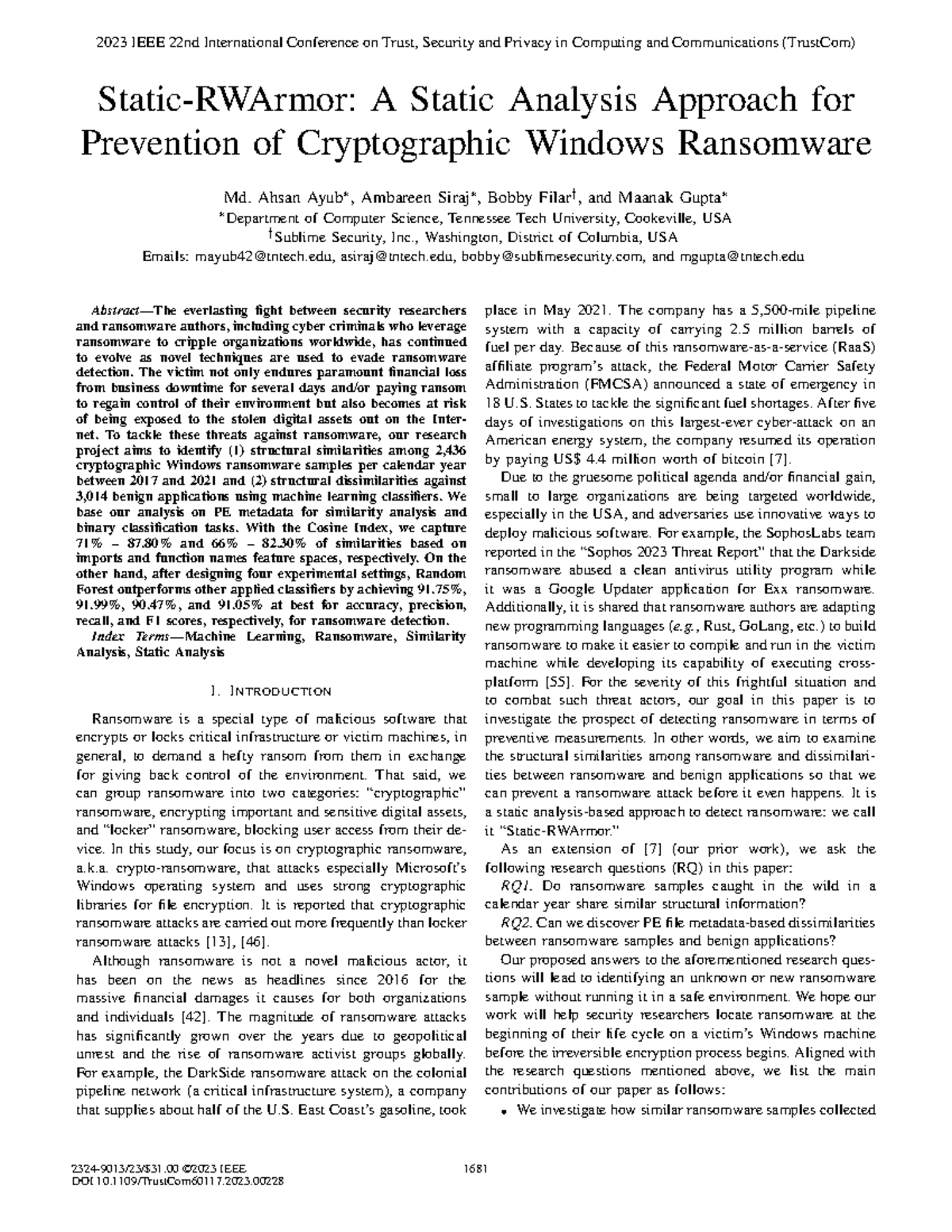 Static Analysis of Cryptographic Windows Ransomware: A Machine Learning ...