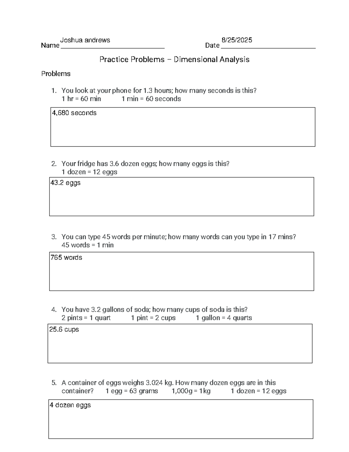 Practice Problems - Dimensional Analysis (Course Code: t1) - Studocu