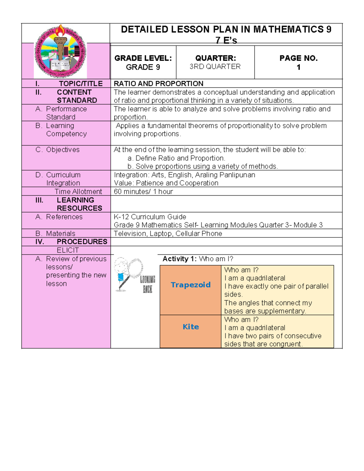 7E's Detailed Lesson Plan on Ratio and Proportion (Grade 9, 3rd Quarter ...