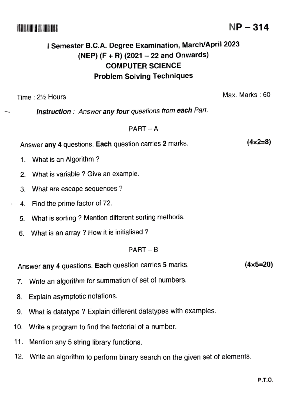 Problem solving techniques NEP question paper 2023 - NP- I Semester B.C ...