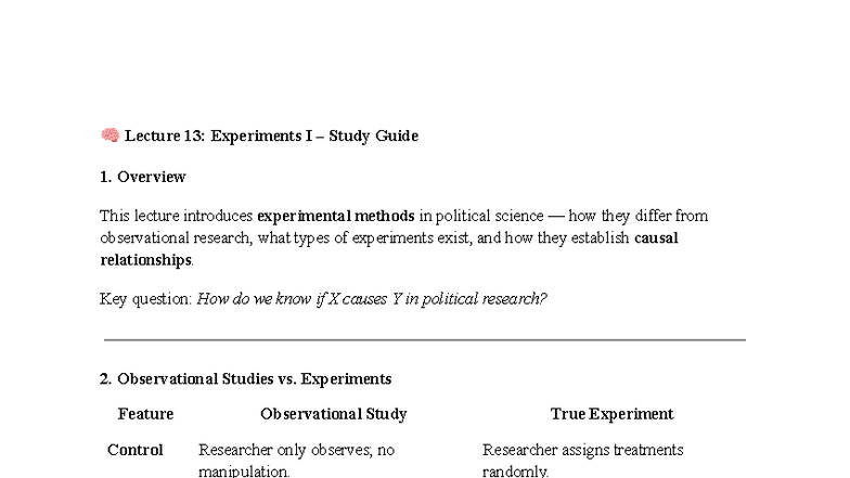 Lecture 13: Study Guide on Experimental Methods in Political Science ...