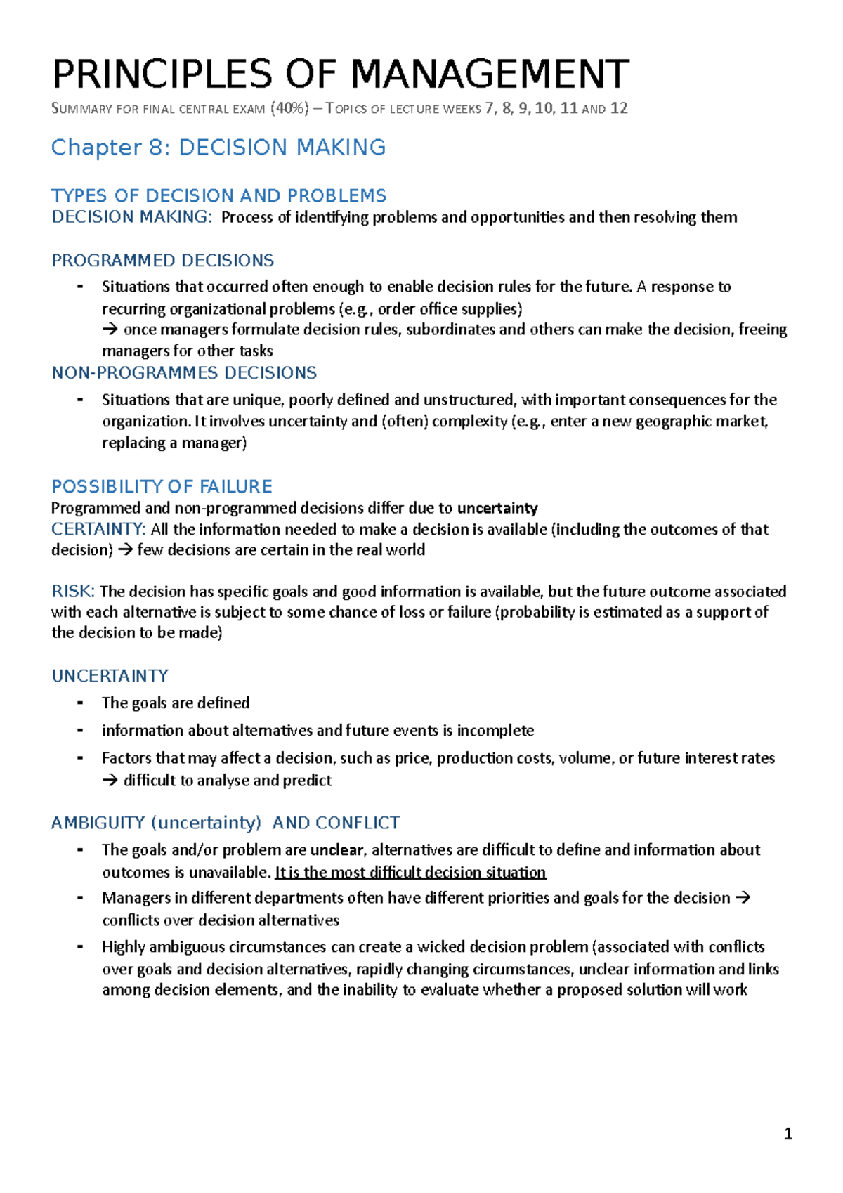 Principles of Management: Final Exam Review Notes for Weeks 7-12 ...