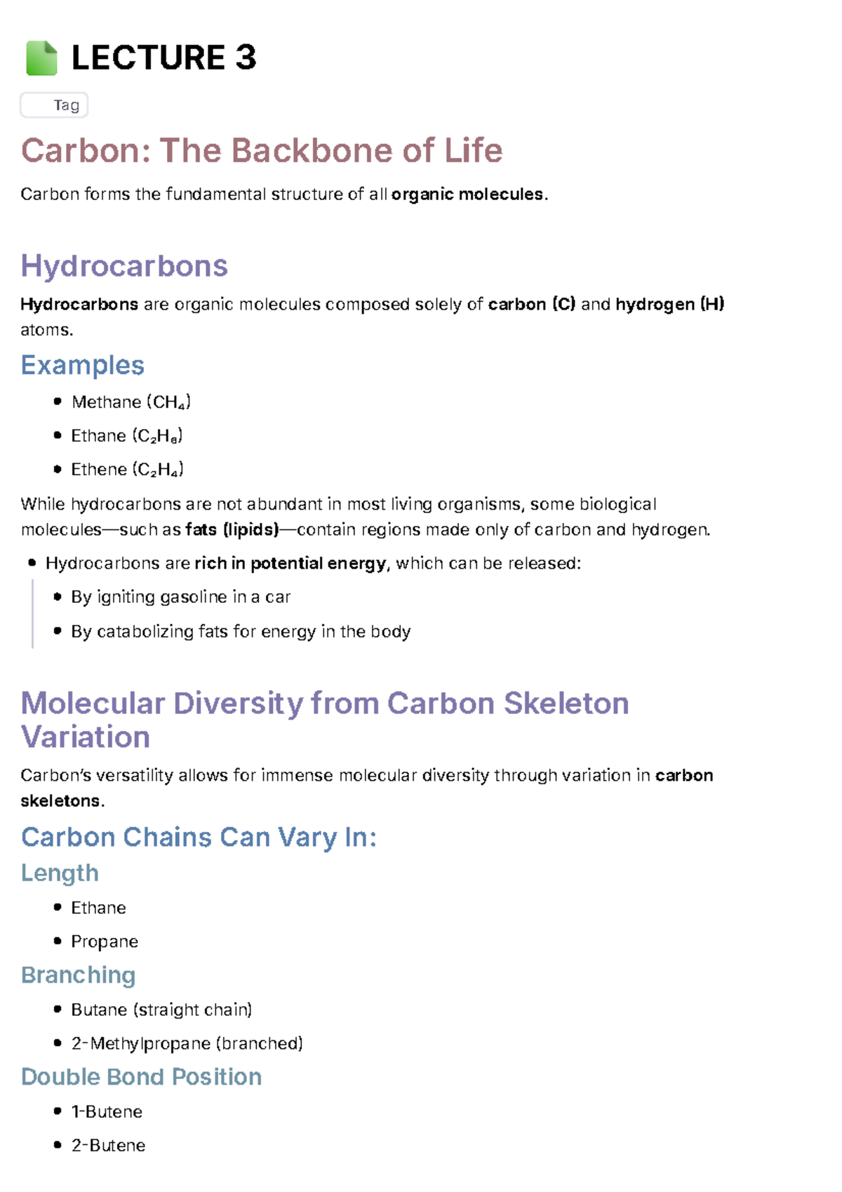 LECTURE 3: The Role of Carbon in Organic Molecules and Life - Studocu
