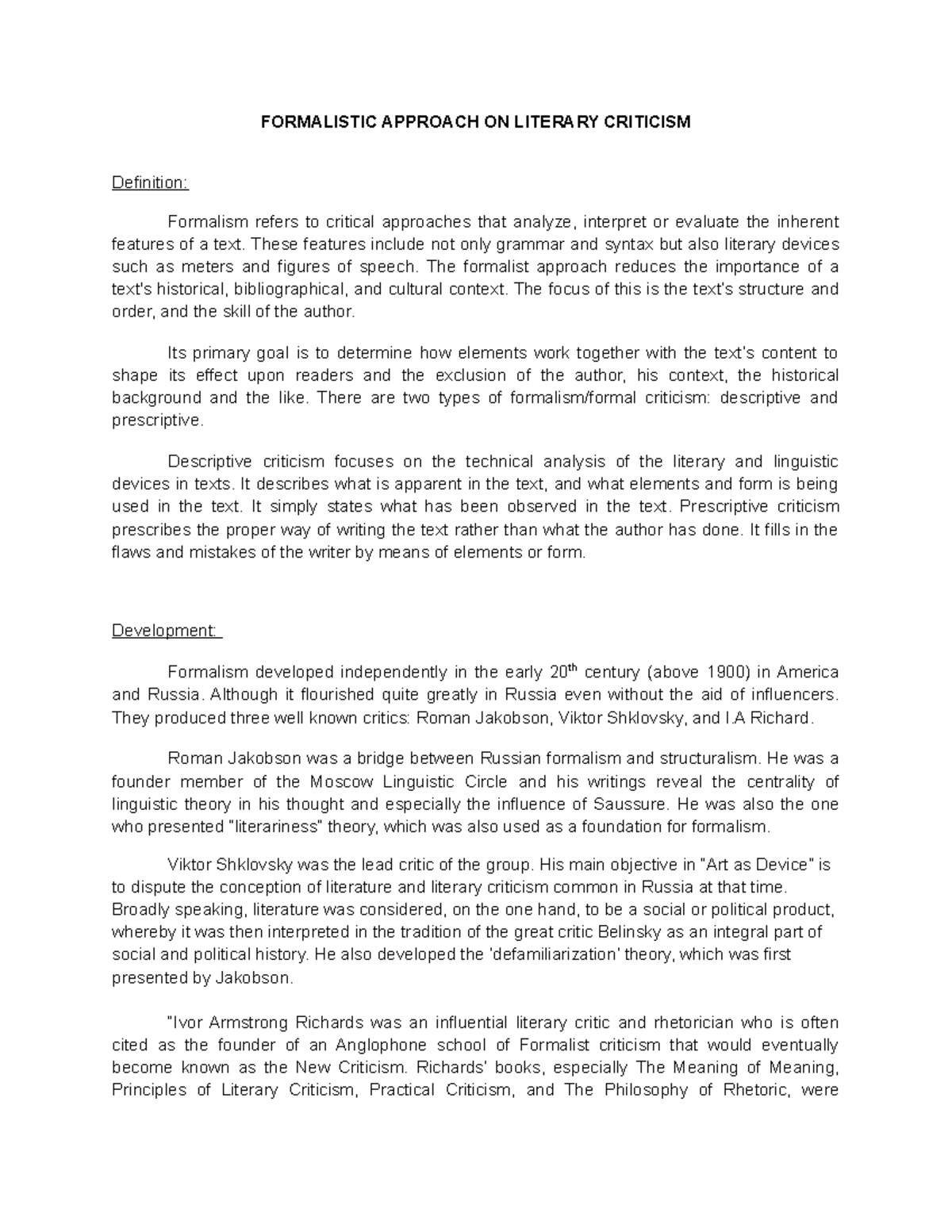 Formalistic Approach on Literary Criticism (A Discussion) - FORMALISTIC ...