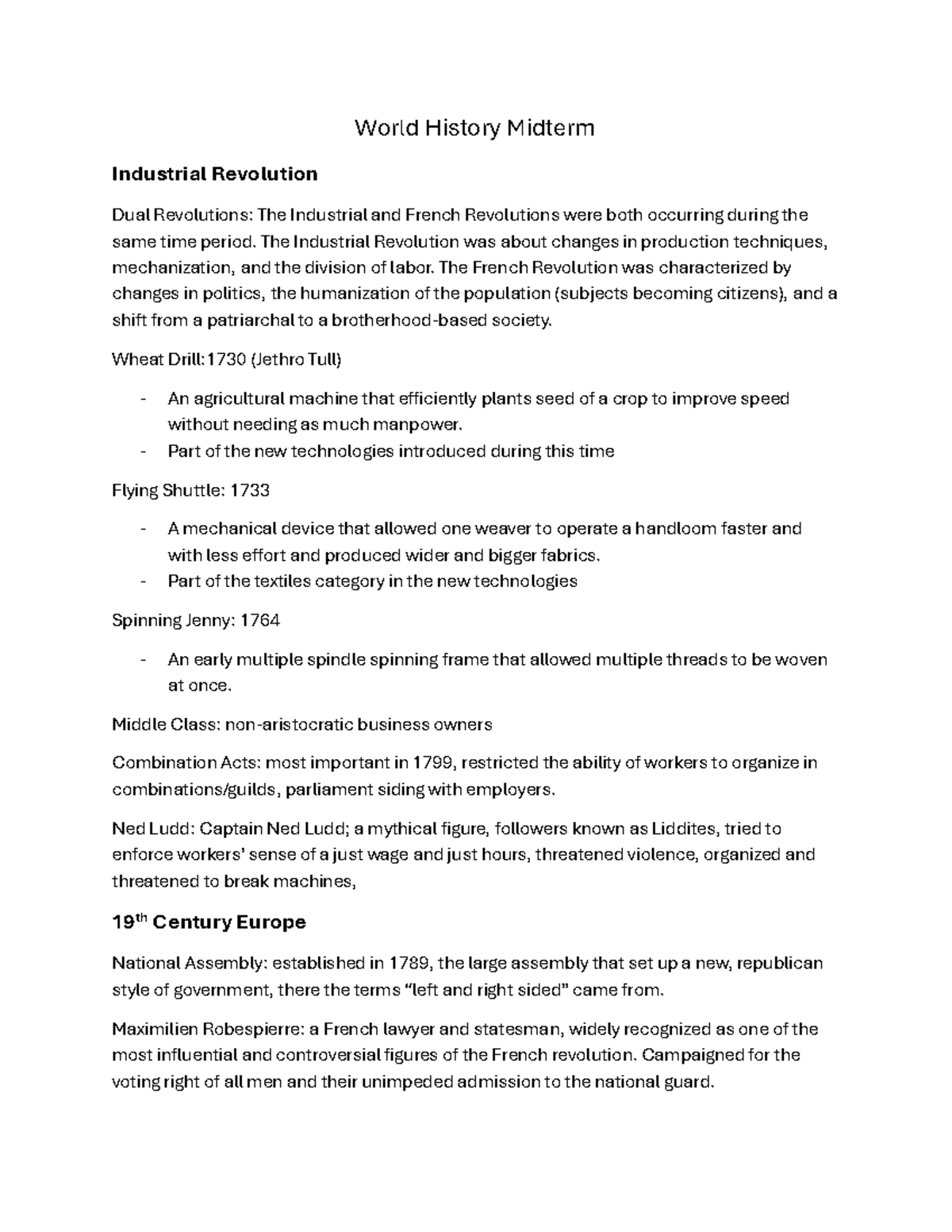 World History Midterm: Overview of Industrial & French Revolutions ...
