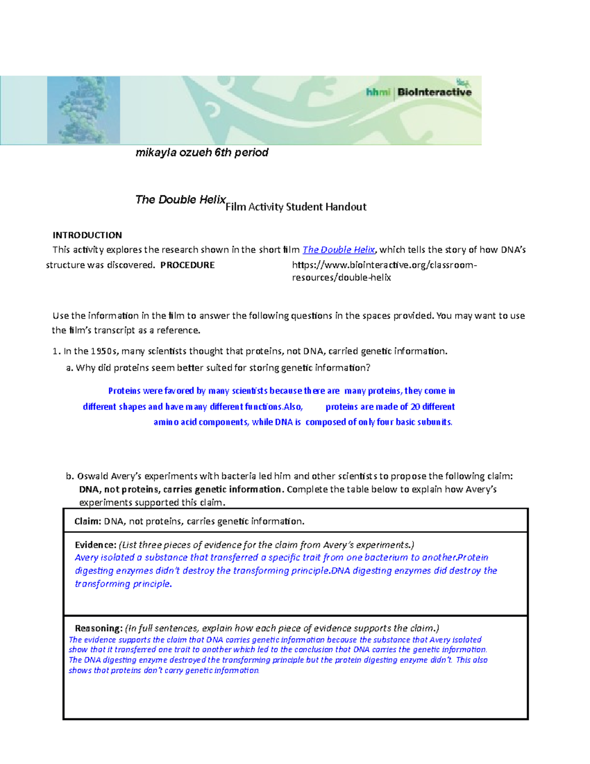 HHMI Double Helix: Film Activity Student Handout & Questions - Studocu