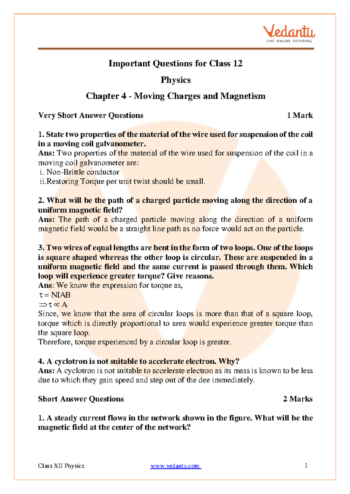 Moving Charges and Magnetism: Important Questions for Class 12 Physics ...