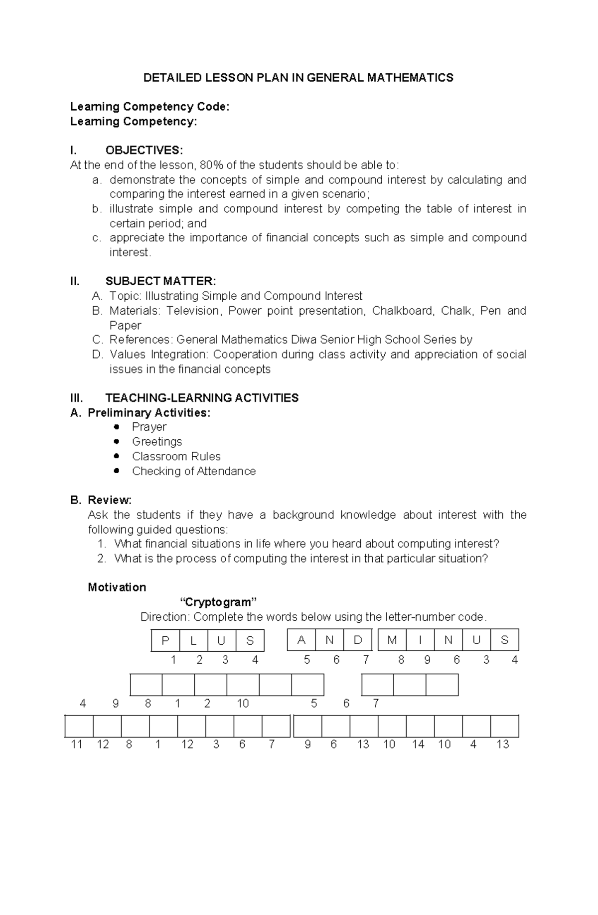 Detailed Lesson Plan on Simple and Compound Interest (Gen Math) - Studocu