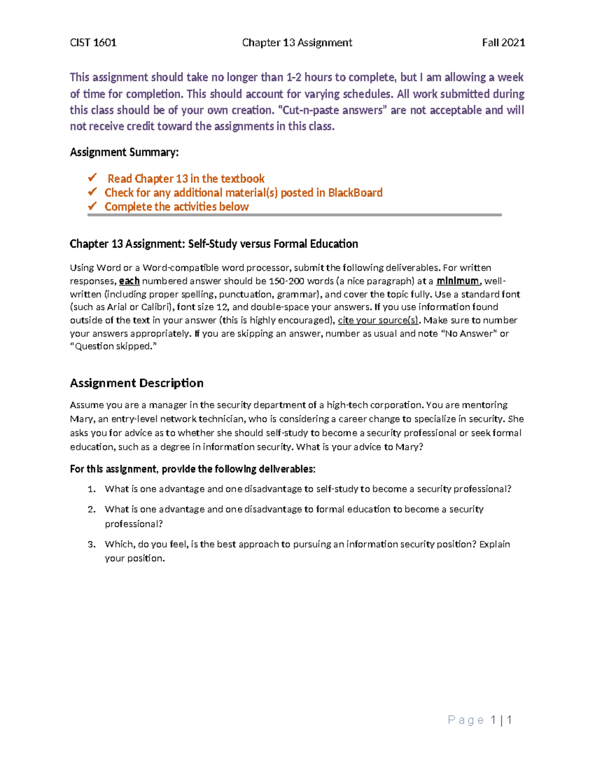 CIST 1601: Chapter 13 Assignment on Self-Study vs. Formal Education - Studocu