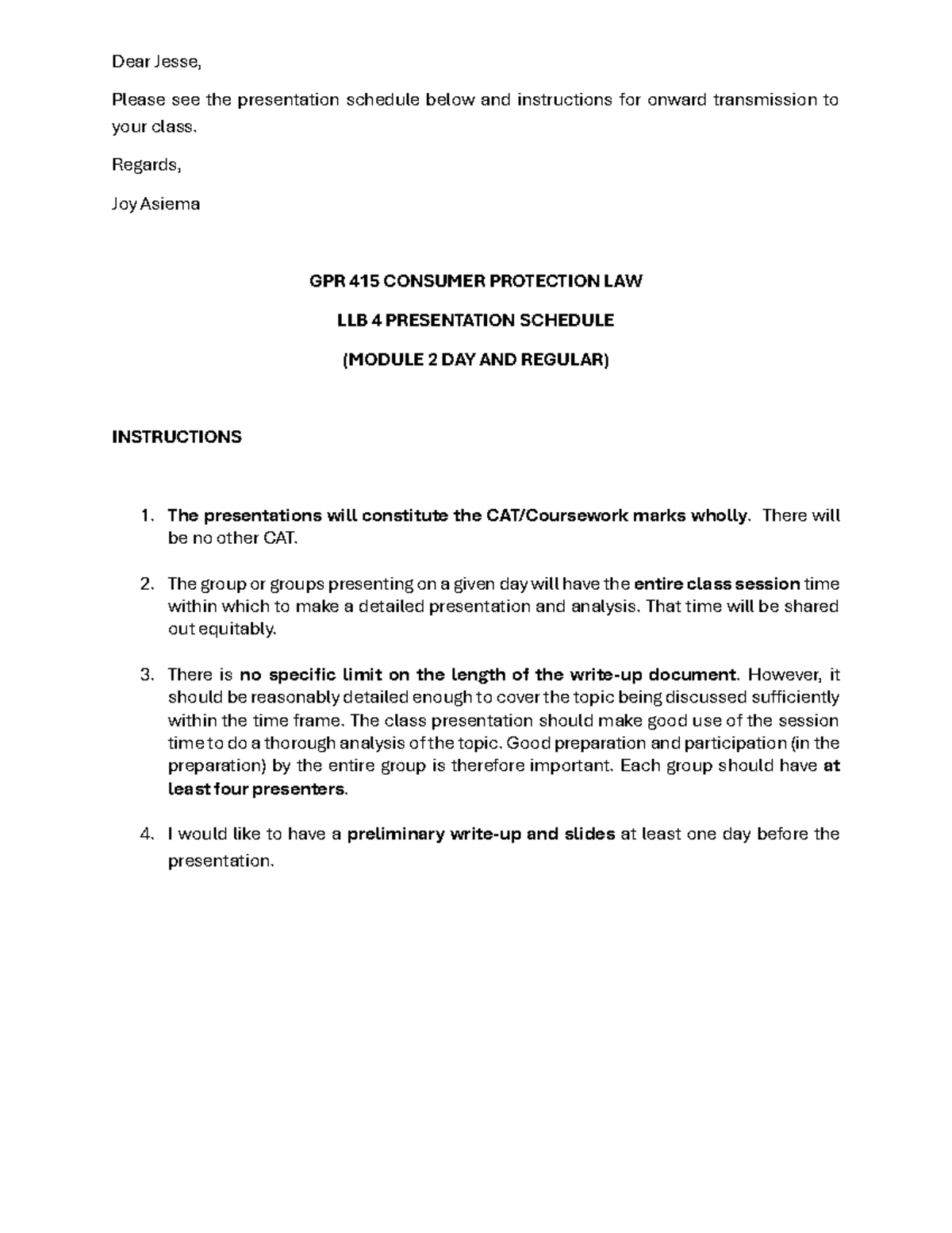 GPR 415 Consumer Protection Law LLB 4 Presentation Schedule - Studocu