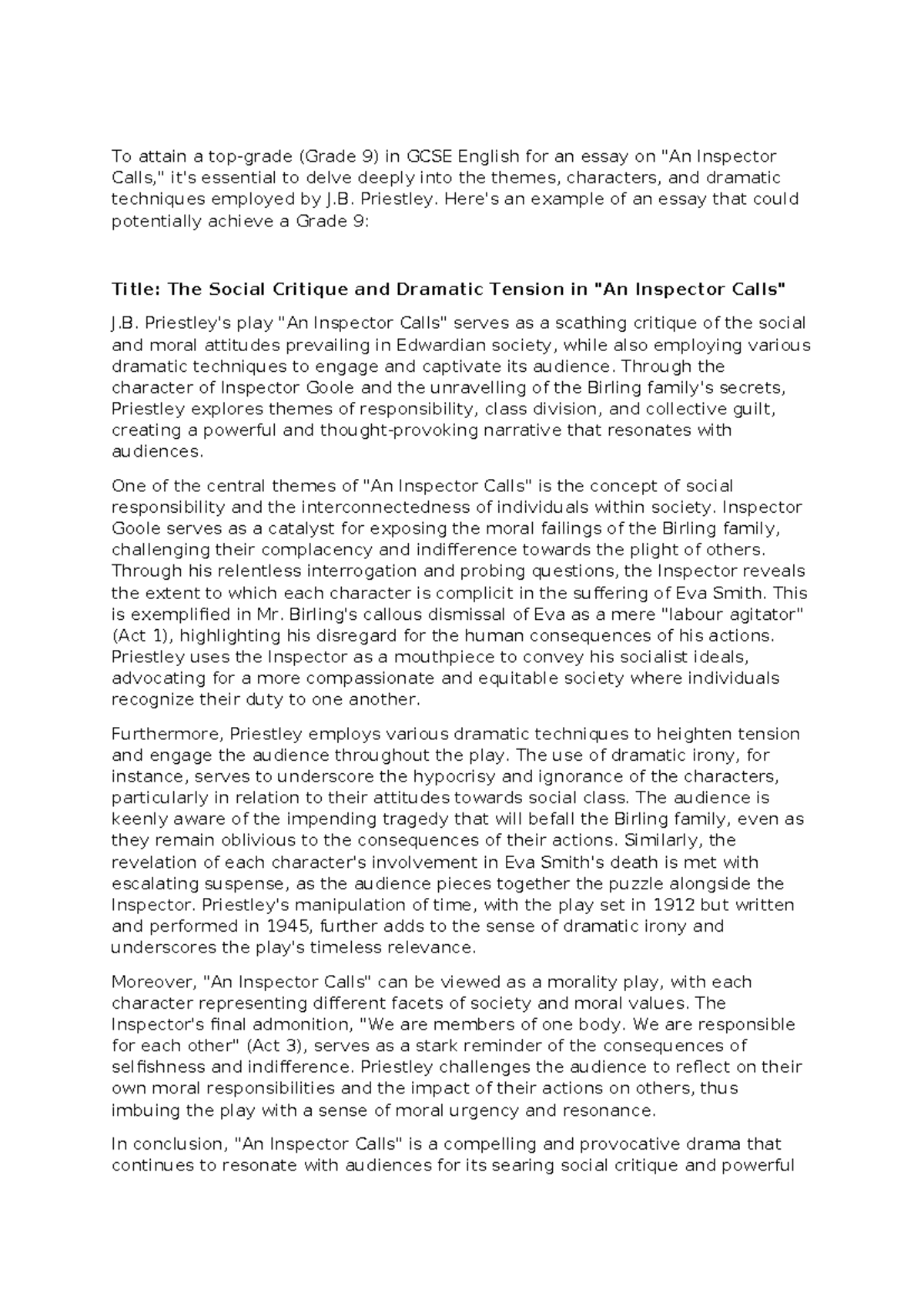 Grade 9 GCSE Essay Notes: Exploring "An Inspector Calls" Themes - Studocu