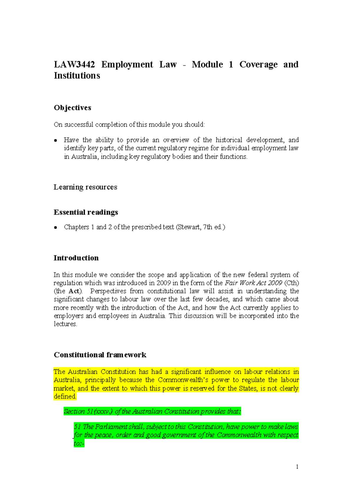 LAW3442 Module 1 - Coverage and Instituions - LAW3442 Employment Law ...