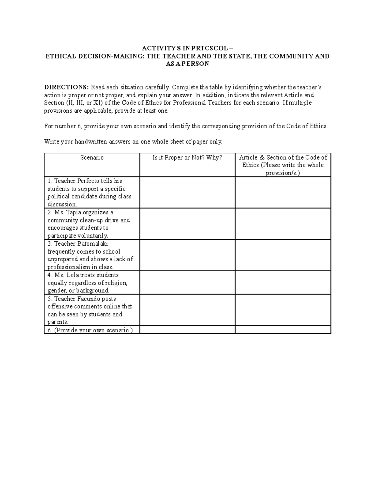 Activity 8: Ethical Considerations for Teachers in PRTCSCOL - Studocu