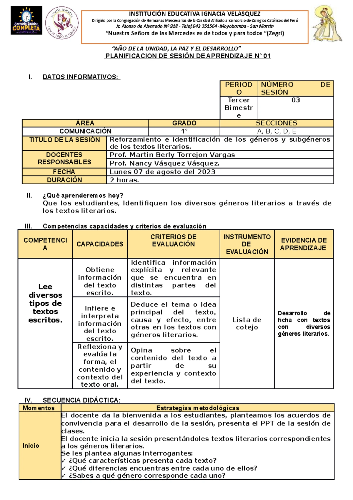 Refuerzo Comunicaciòn Sesiòn 3 - SESIÓN DE APRENDIZAJE N° 03 REFUERZO ESCOLAR I. DATOS ...