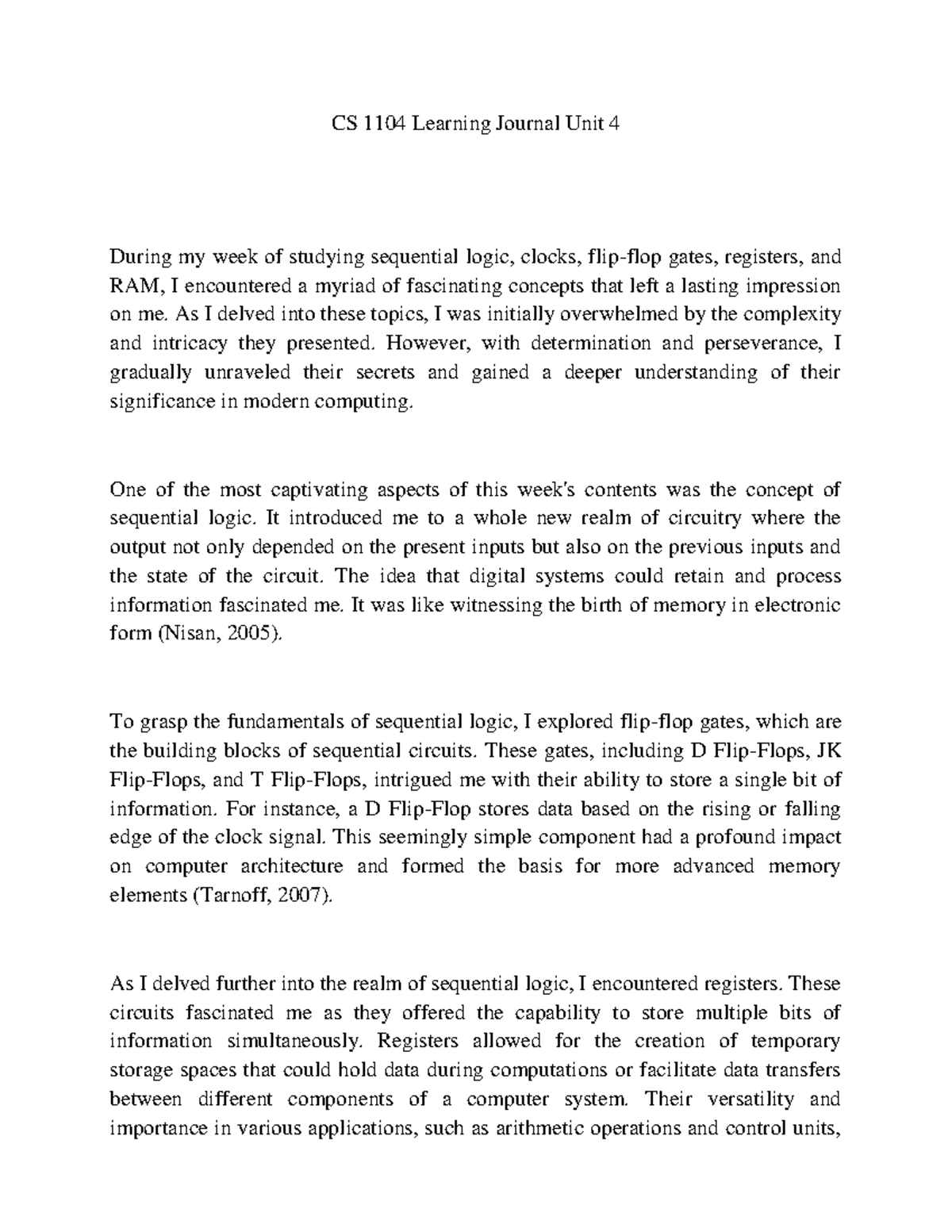 CS 1104 Unit 4 Learning Journal: Insights on Sequential Logic and RAM ...