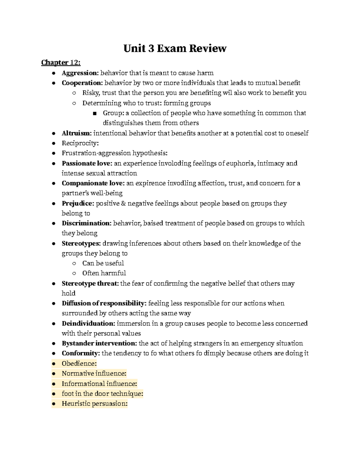 Unit 3 Exam Review - Key Terms and Concepts for Psychology Exam - Studocu