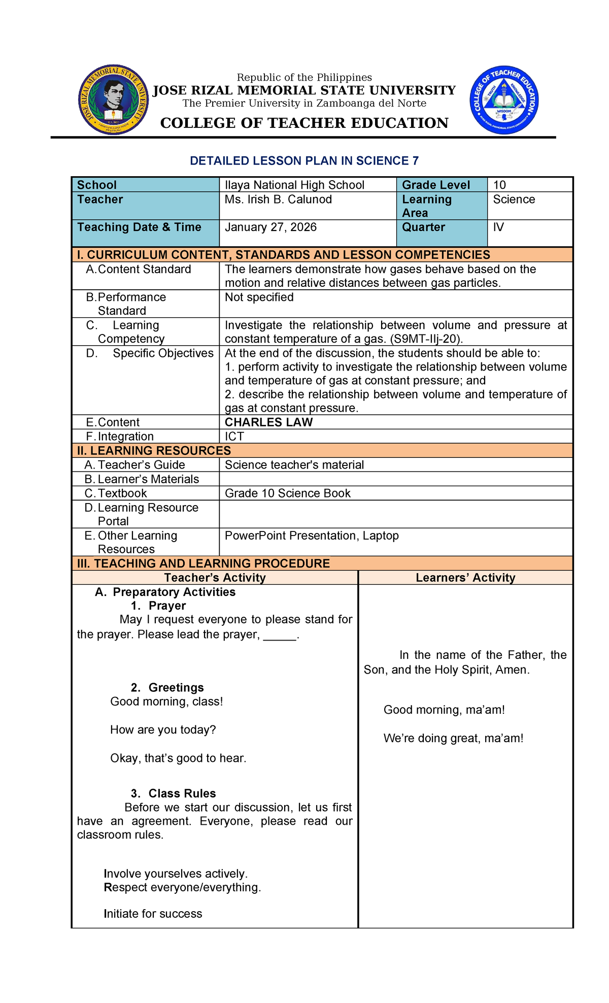 Detailed Lesson Plan in Science 7: Exploring Boyle's Law (Grade 10 ...