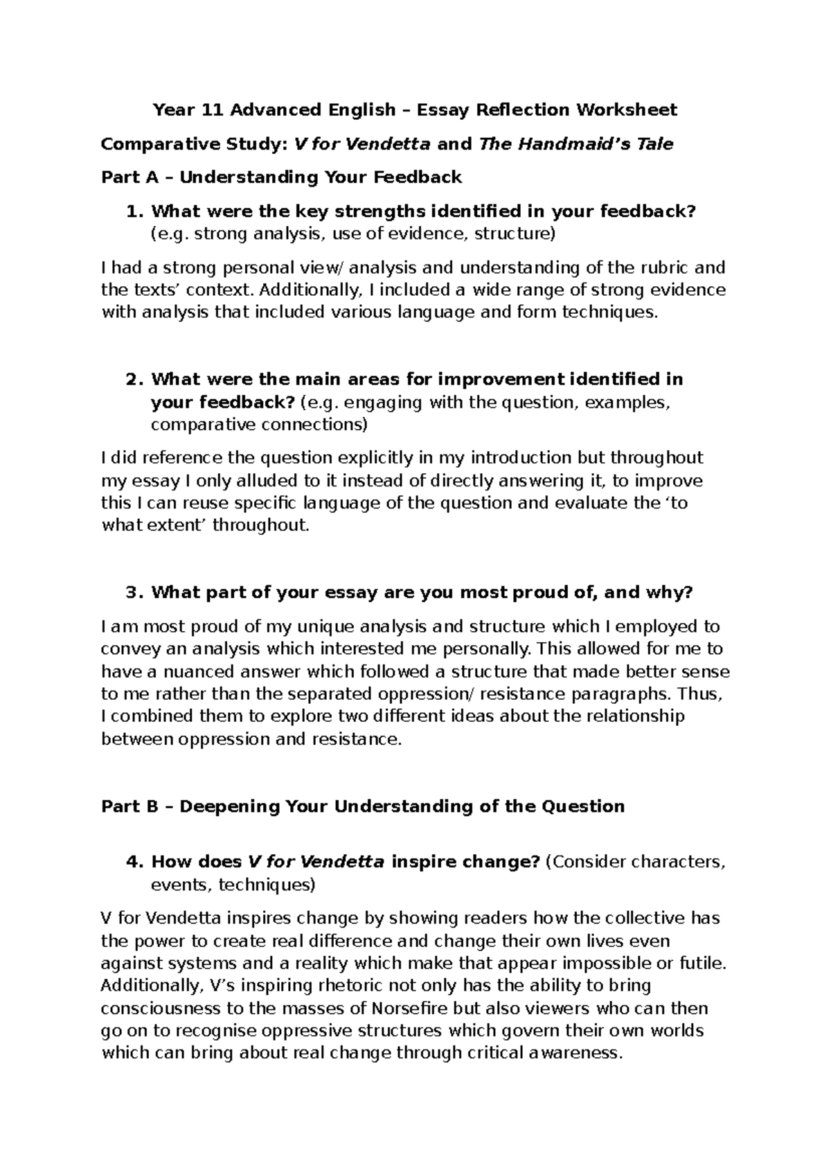 Year 11 Advanced English Essay Reflection: V for Vendetta & The Tale ...