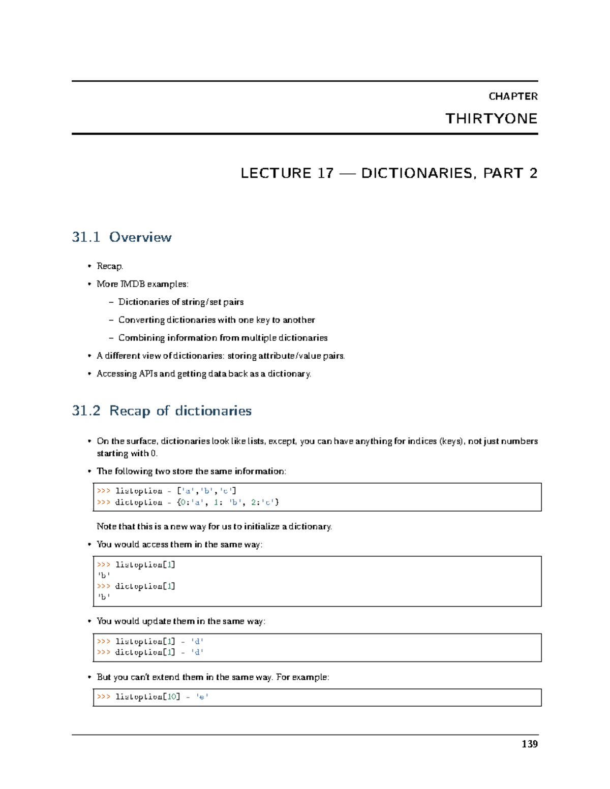 Lecture 17 - CHAPTER THIRTYONE LECTURE 17 — DICTIONARIES, PART 2 31 ...