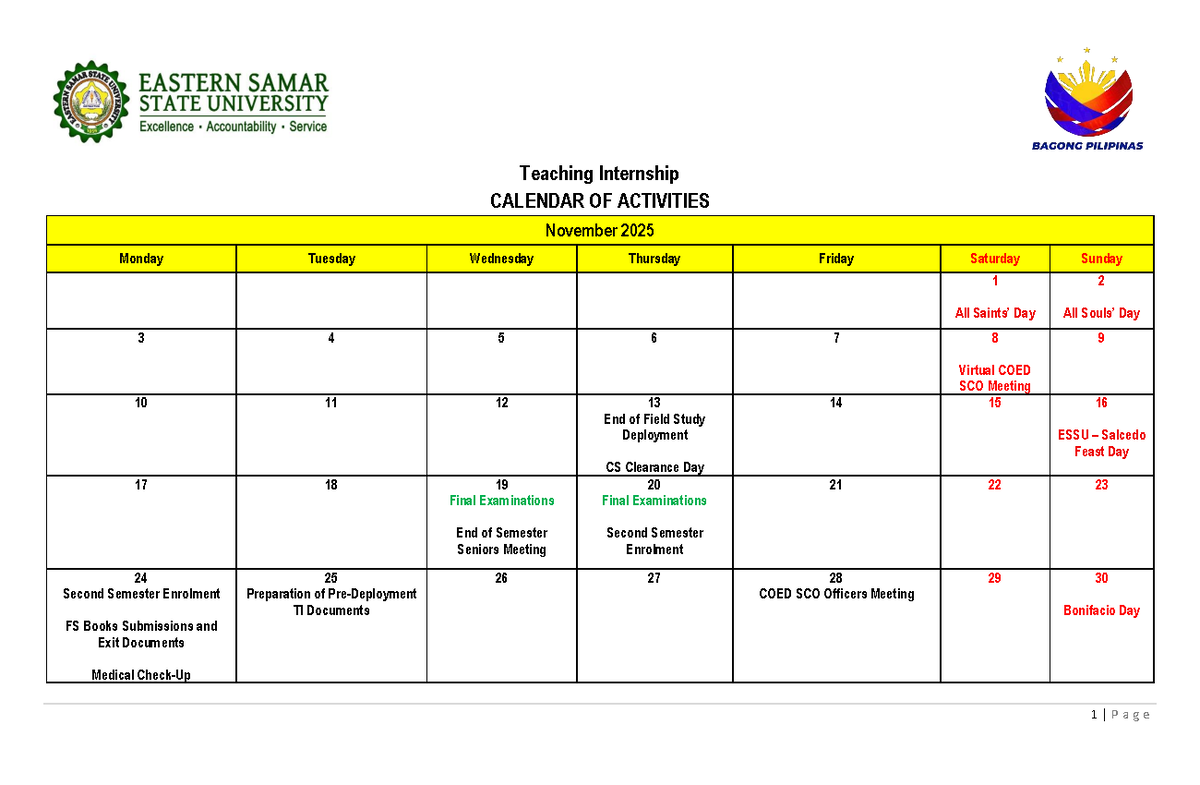 2526-TI Teaching Internship Calendar of Activities (Nov 2025 - May 2026 ...