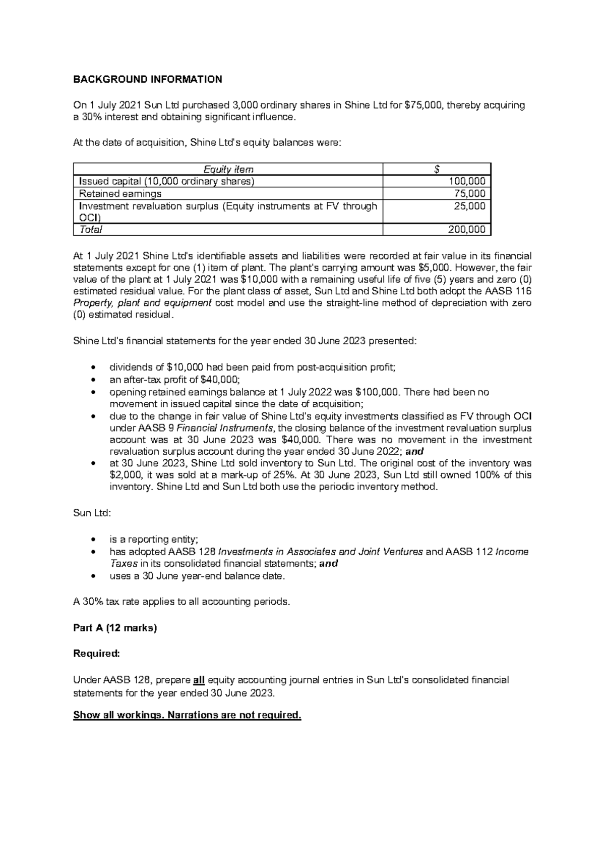 Equity Accounting Journal Entries for AASB 128 - Sun Ltd & Shine Ltd ...