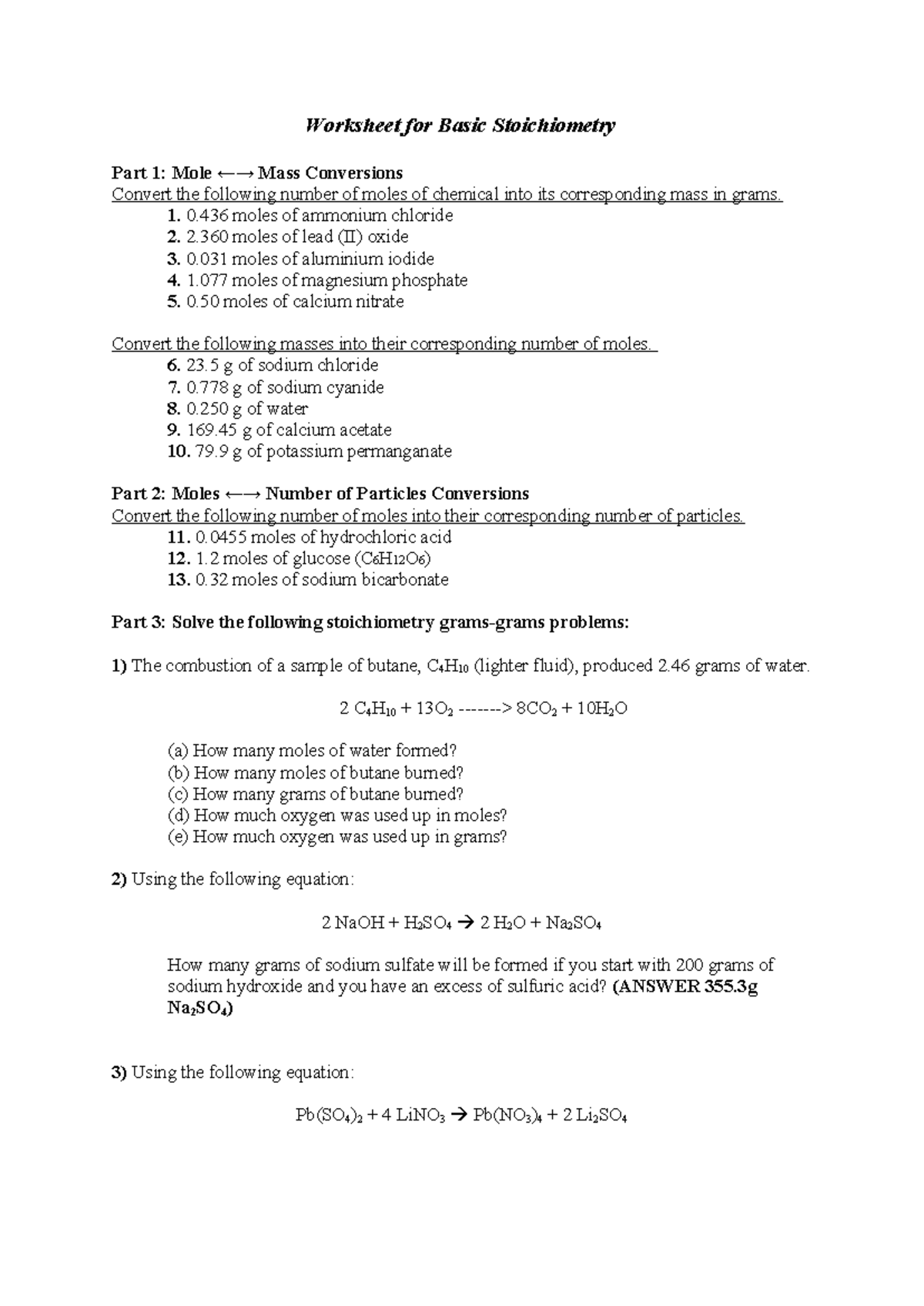 Worksheet for Basic Stoichiometry (CHEM 101) - Studocu