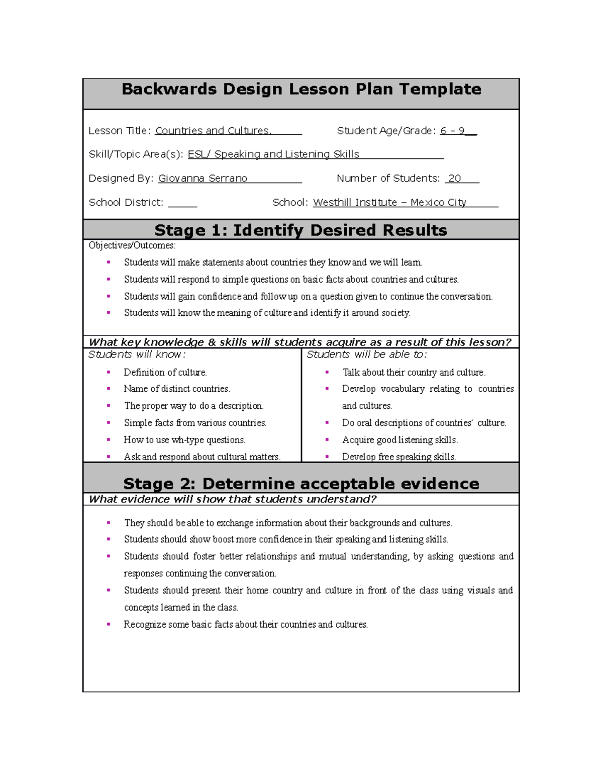 Backwards Design Lesson Plan - Student Age/Grade: 6 - 9__ Skill/Topic ...