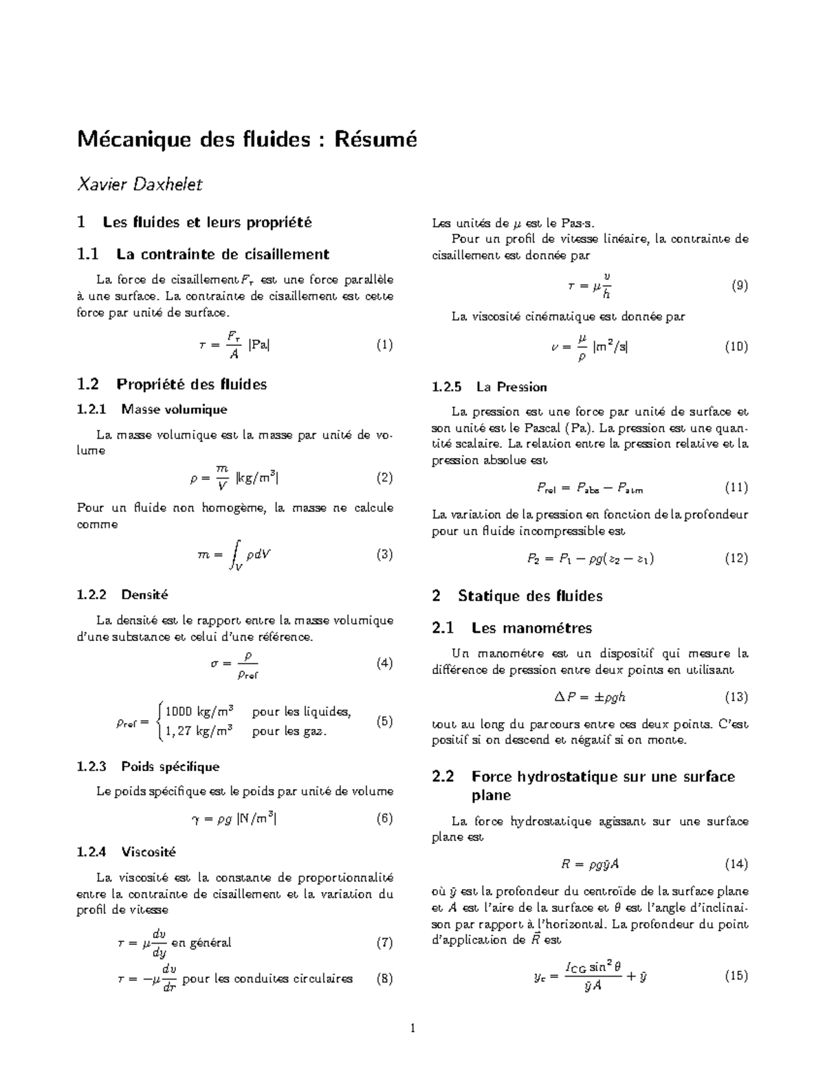Résumé des Fluides - ING 160 (1) - Concepts et Formules Essentielles - Studocu