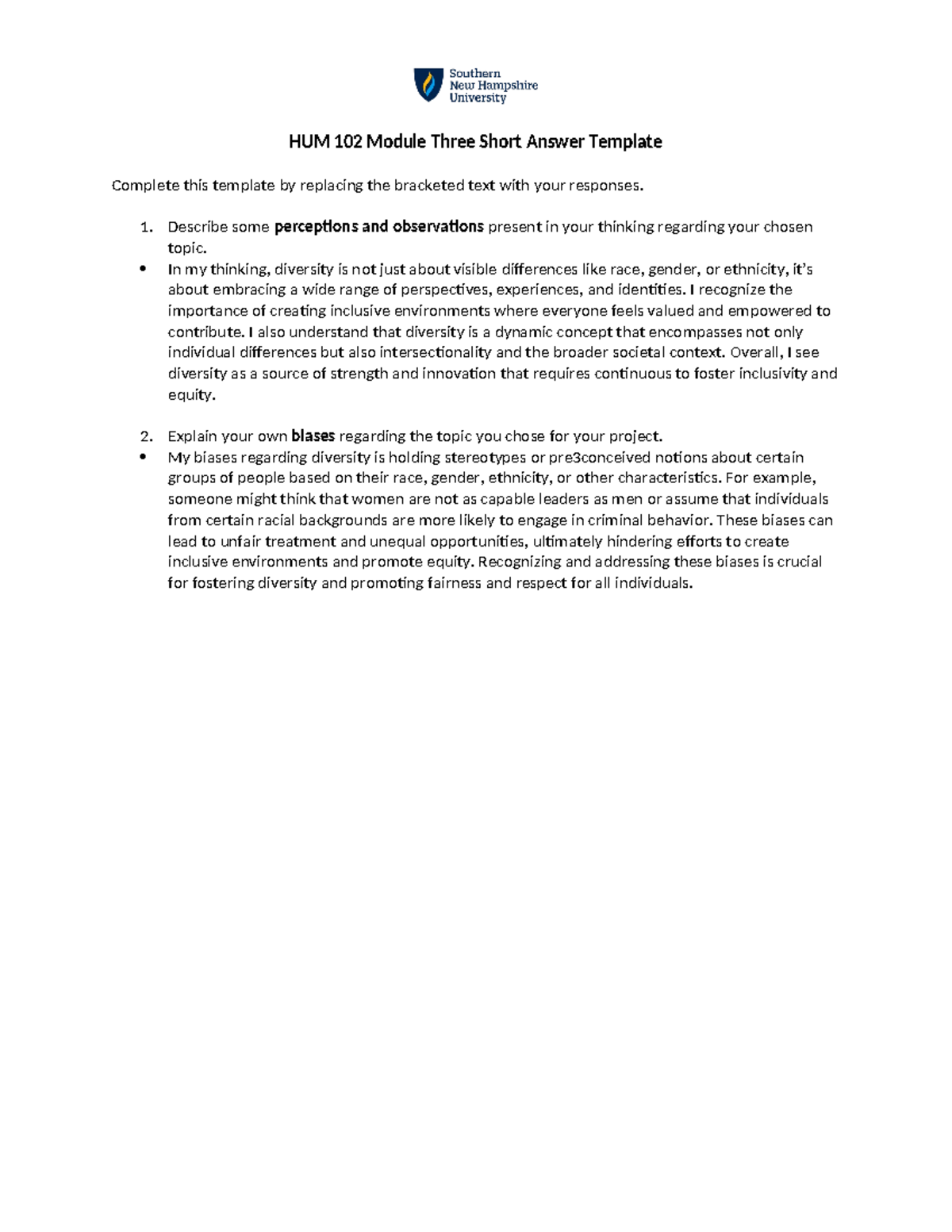 HUM 102 Module Three Short Answer: Exploring Diversity and Bias - Studocu