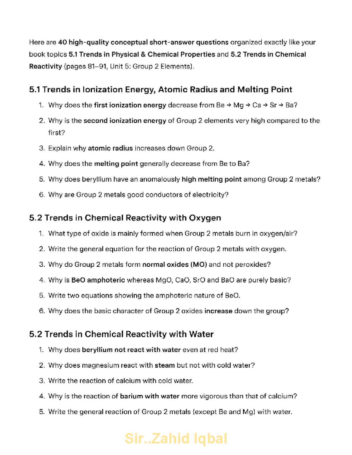 Conceptual Questions on Group 2 Elements: Trends & Reactivity (Chem 101 ...