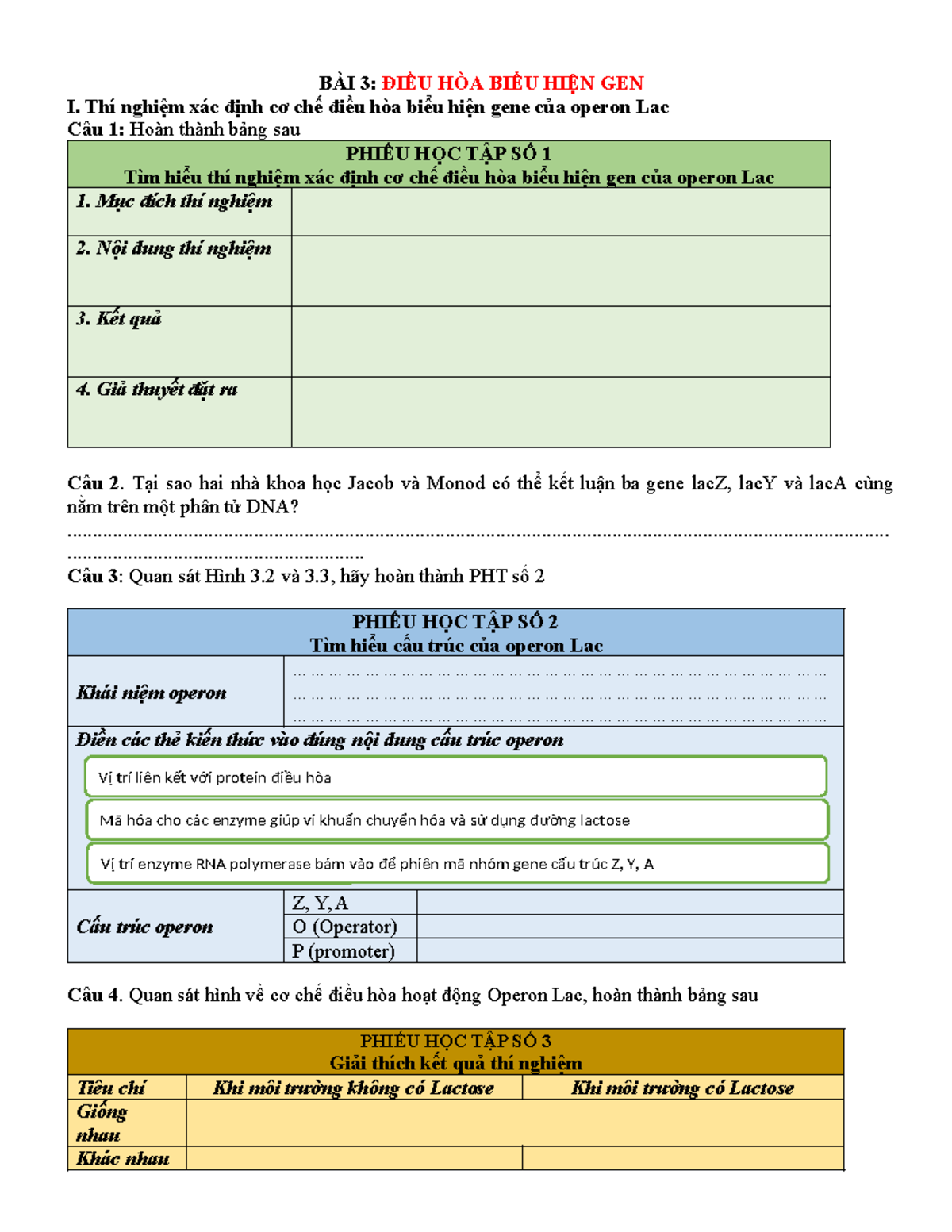 Bài 3: Điều Hòa Biểu Hiện Gene - Operon Lac và Ứng Dụng - Studocu